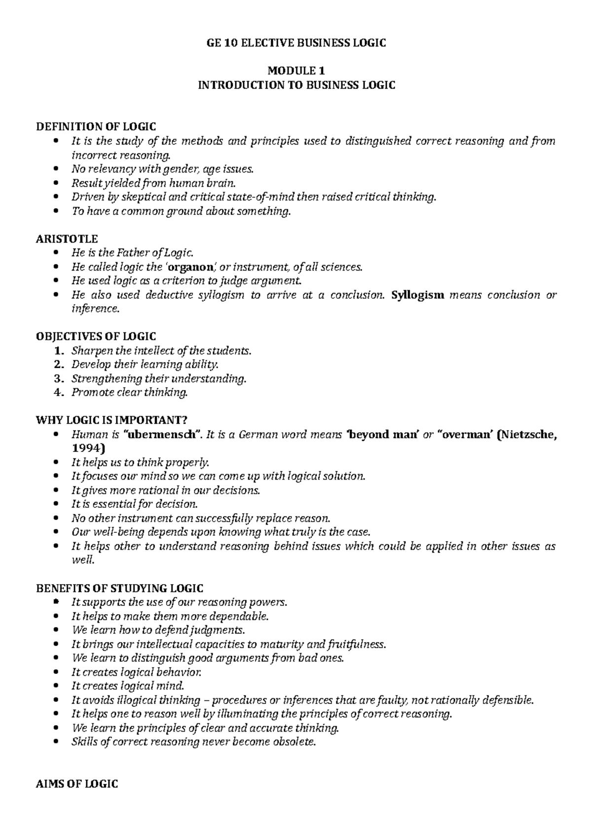 GE 10 Elective Busines Logic Module 1 Revised - GE 10 ELECTIVE BUSINESS LOGIC MODULE 1 ...