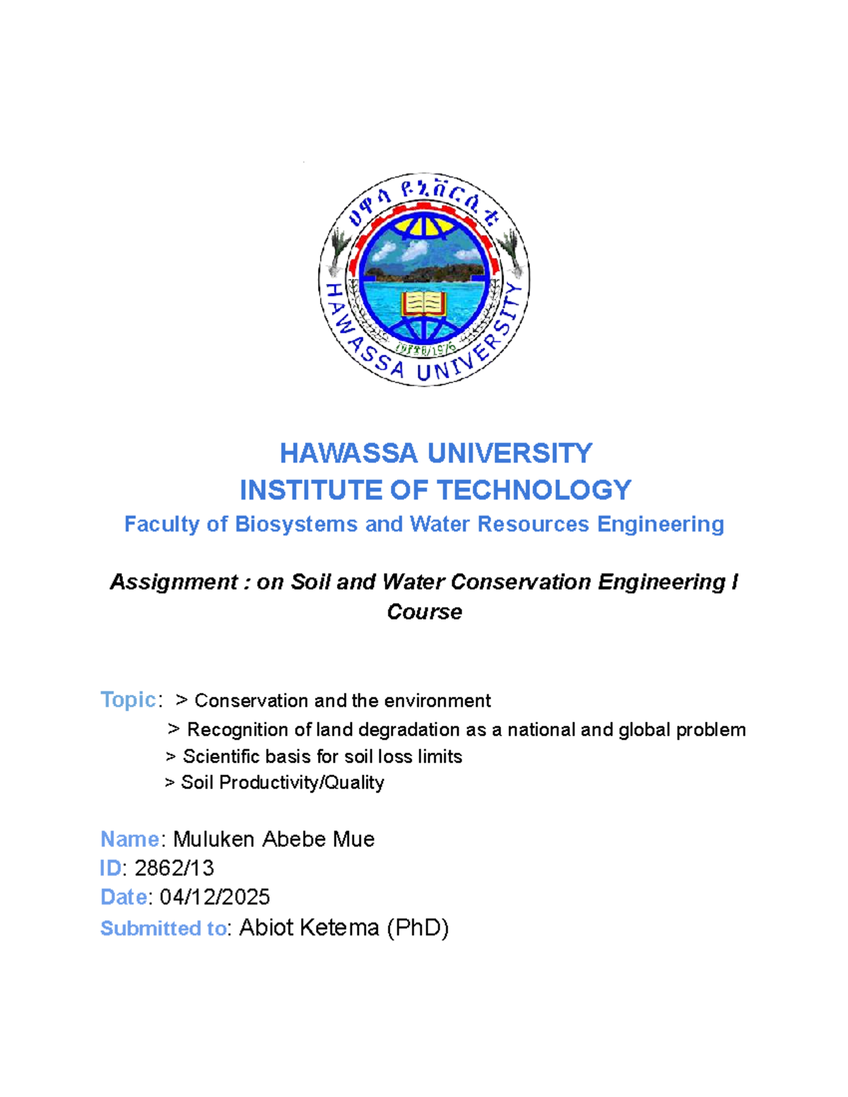 HAWASSA UNIVERSITY: Soil and Water Conservation Engineering I ...