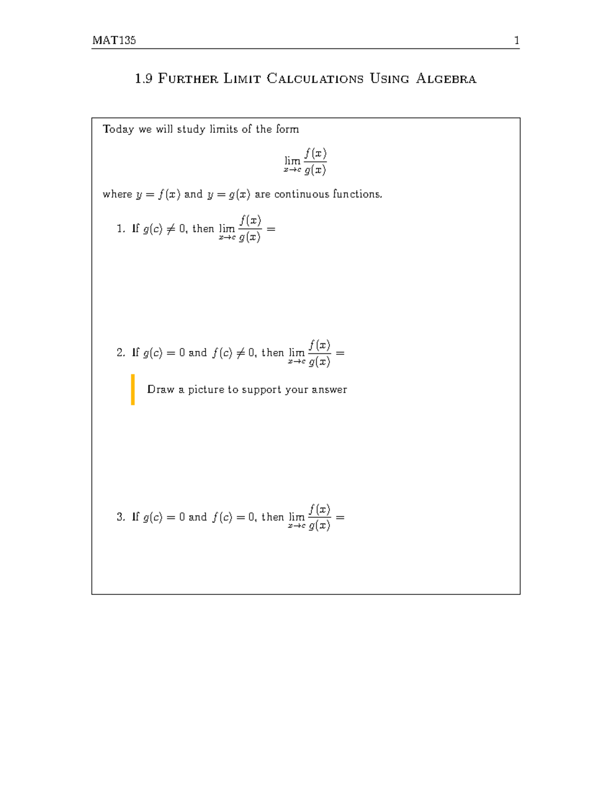 MAT135 Lecture Notes: Further Limit Calculations Using Algebra - Studocu