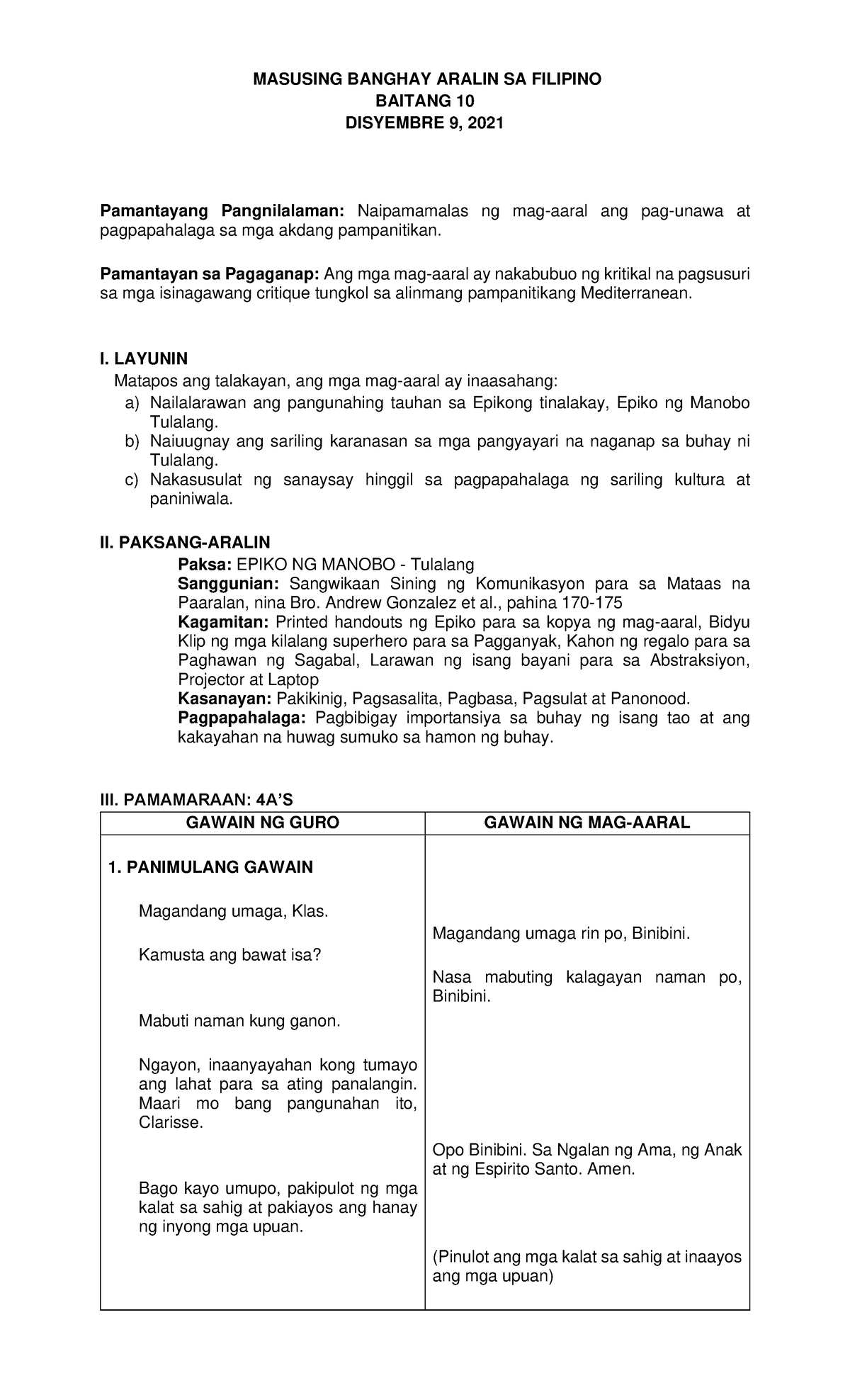 MASUSING BANGHAY ARALIN SA FILIPINO BAITANG 10: EPIKO NG MANOBO ...