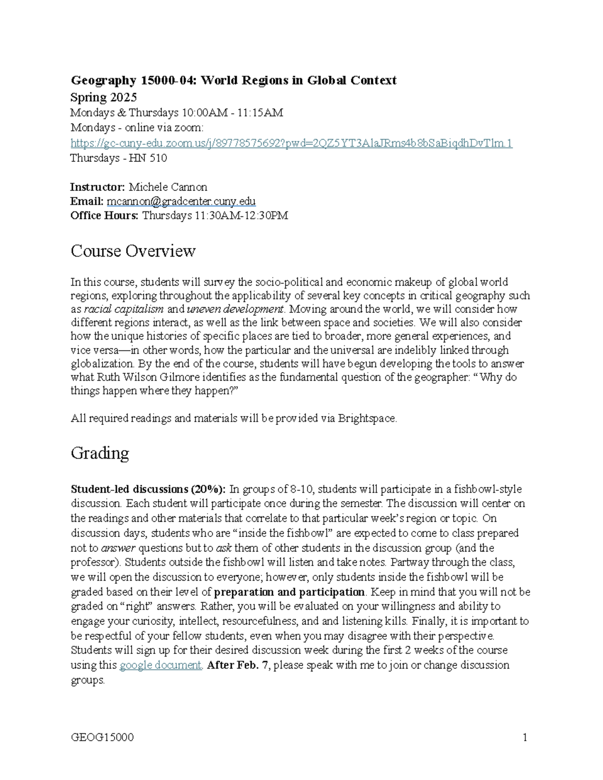 Geography 15000 Syllabus: World Regions in Global Context Spring 2025 ...