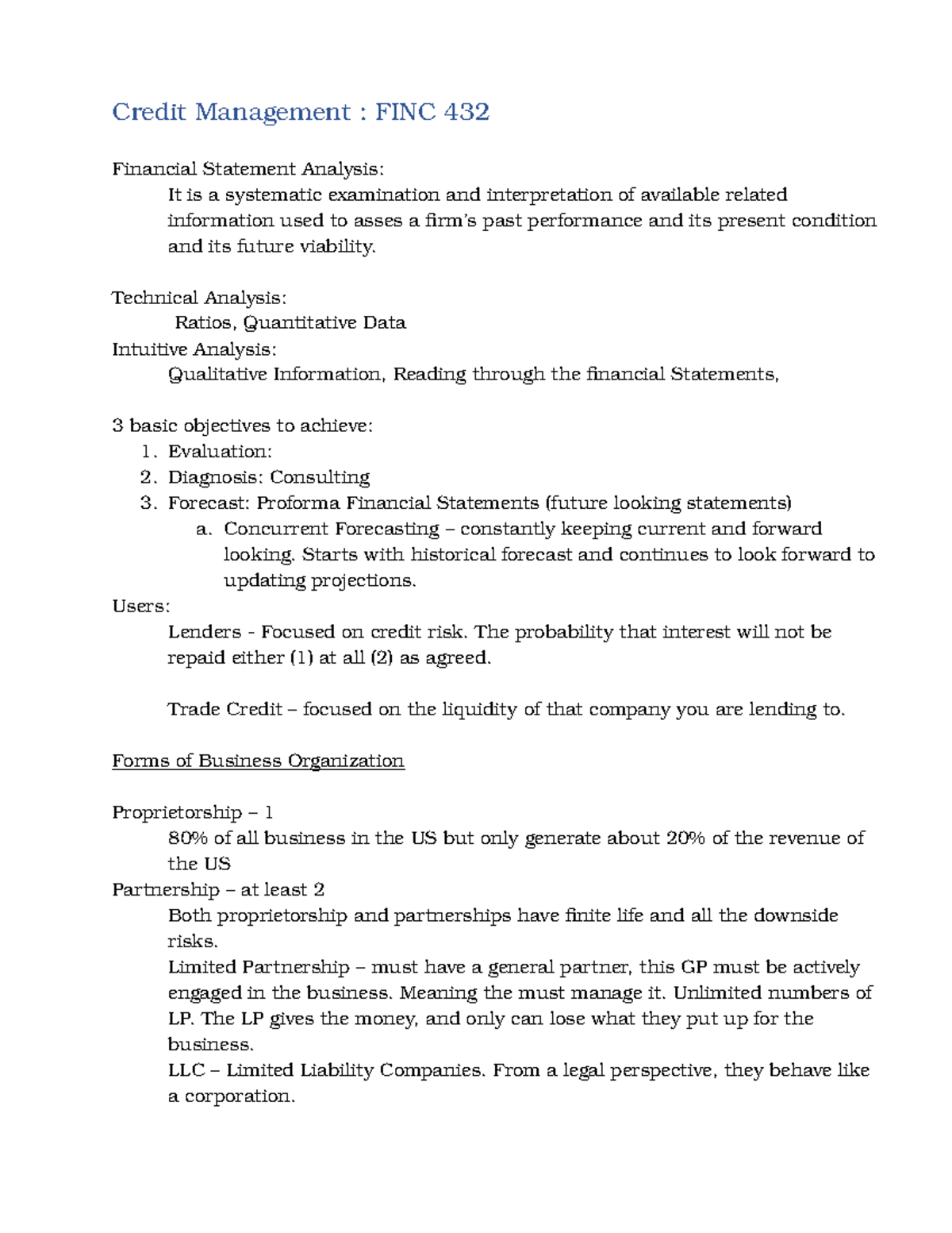 Credit Management Study Notes: Key Concepts and Techniques (FINC 432 ...