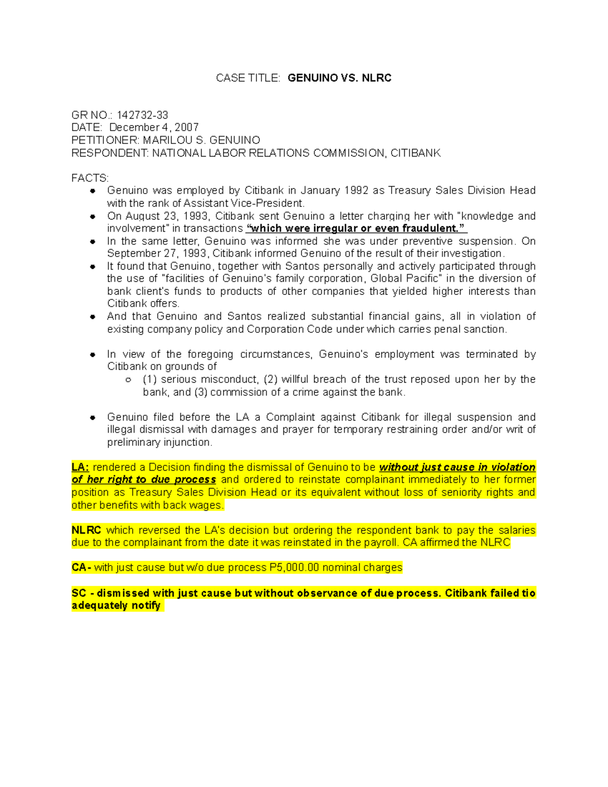 Labor Law Case Study: Genuino vs. NLRC (GR No. 142732) Insights - Studocu