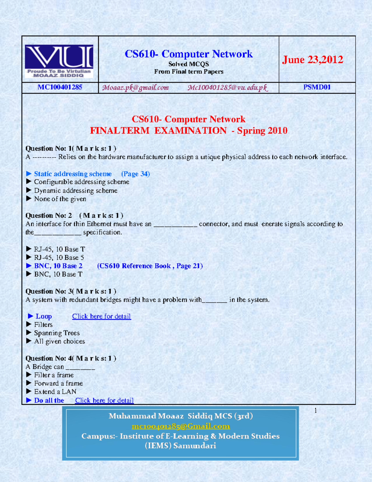 Cs610 Final Term Solved Mcqs By Moaaz Dilawar Notes Cs610 Computer Network Solved Mcqs From