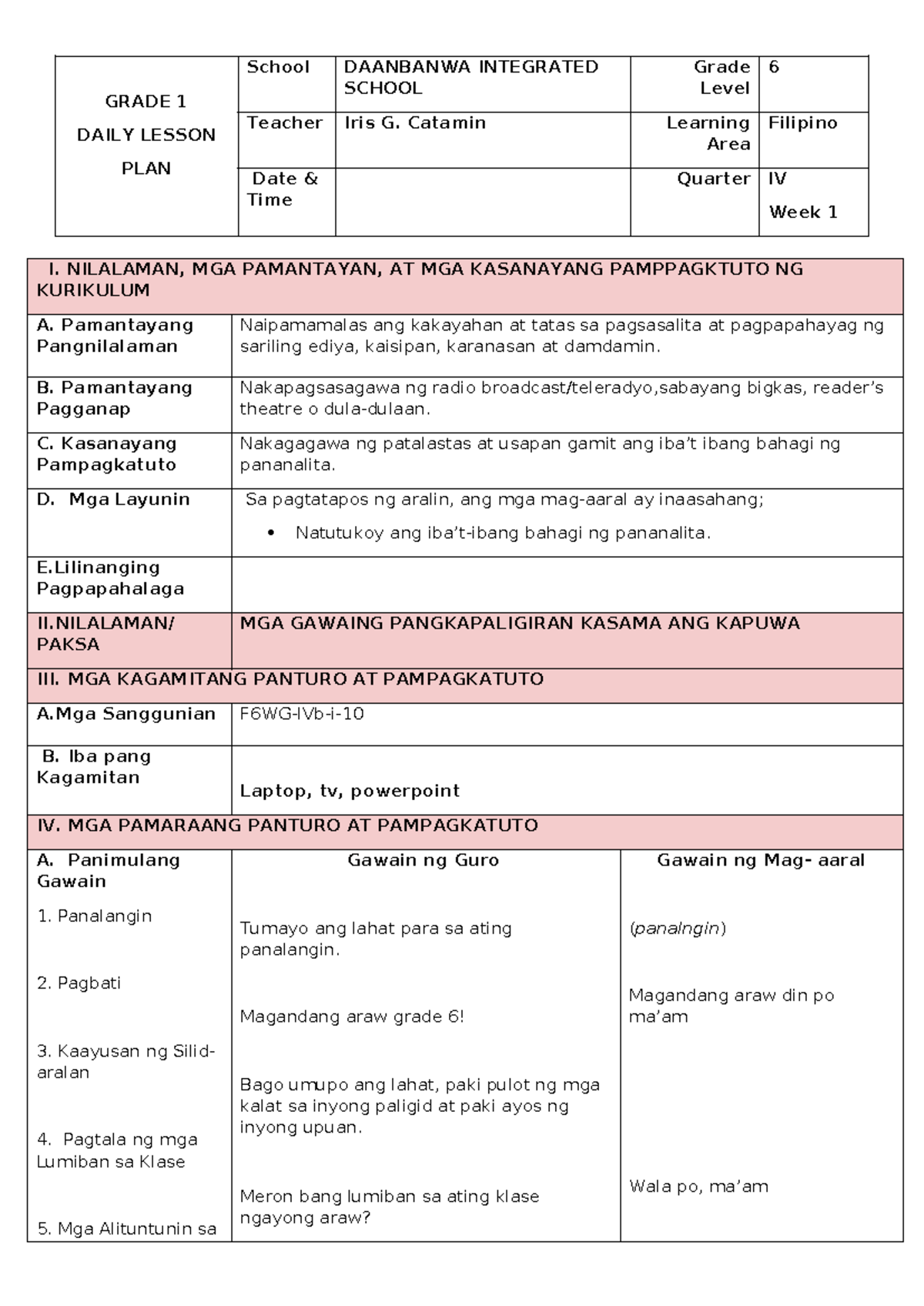 Bahagi ng Pananalita - Lesson Plan for Grade 6 (LP 6) - Studocu