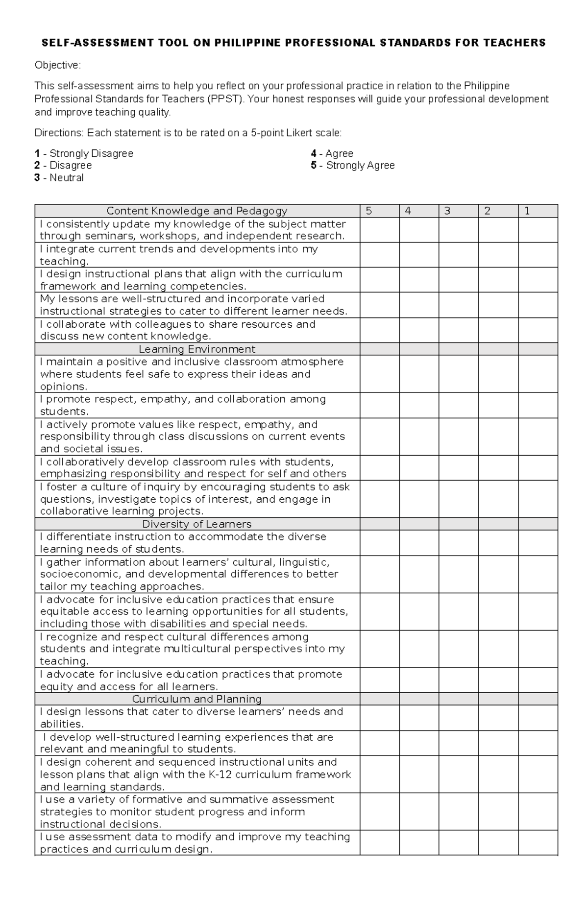 PPST Self-Assessment Tool for Teachers' Professional Standards - Studocu