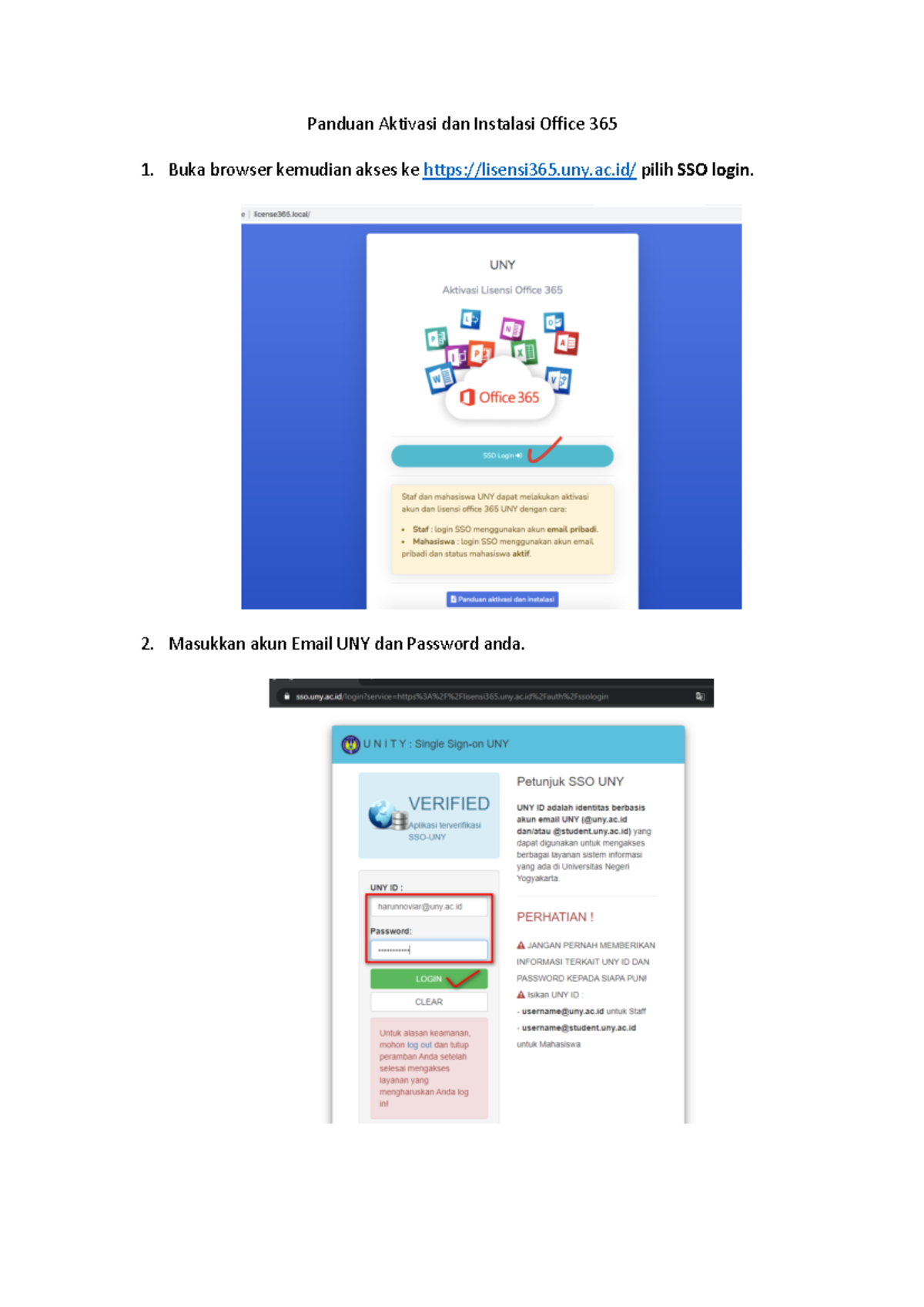 Panduan Aktivasi dan Instalasi Office 365 0 - uny.ac/ pilih SSO login. Masukkan akun Email UNY ...