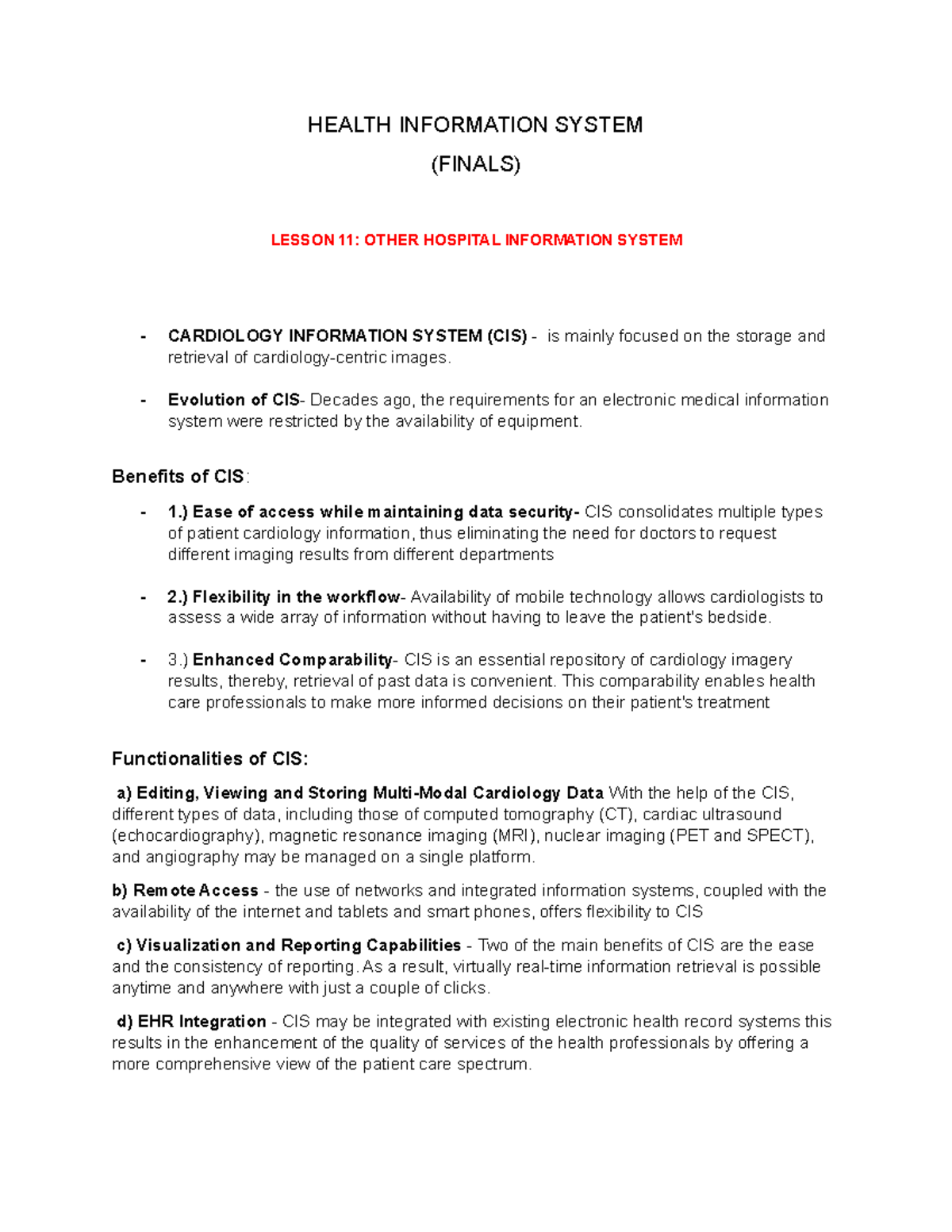 HEALTH INFORMATION SYSTEM (FINALS) LESSON 11-15: OVERVIEW OF HOSPITAL ...