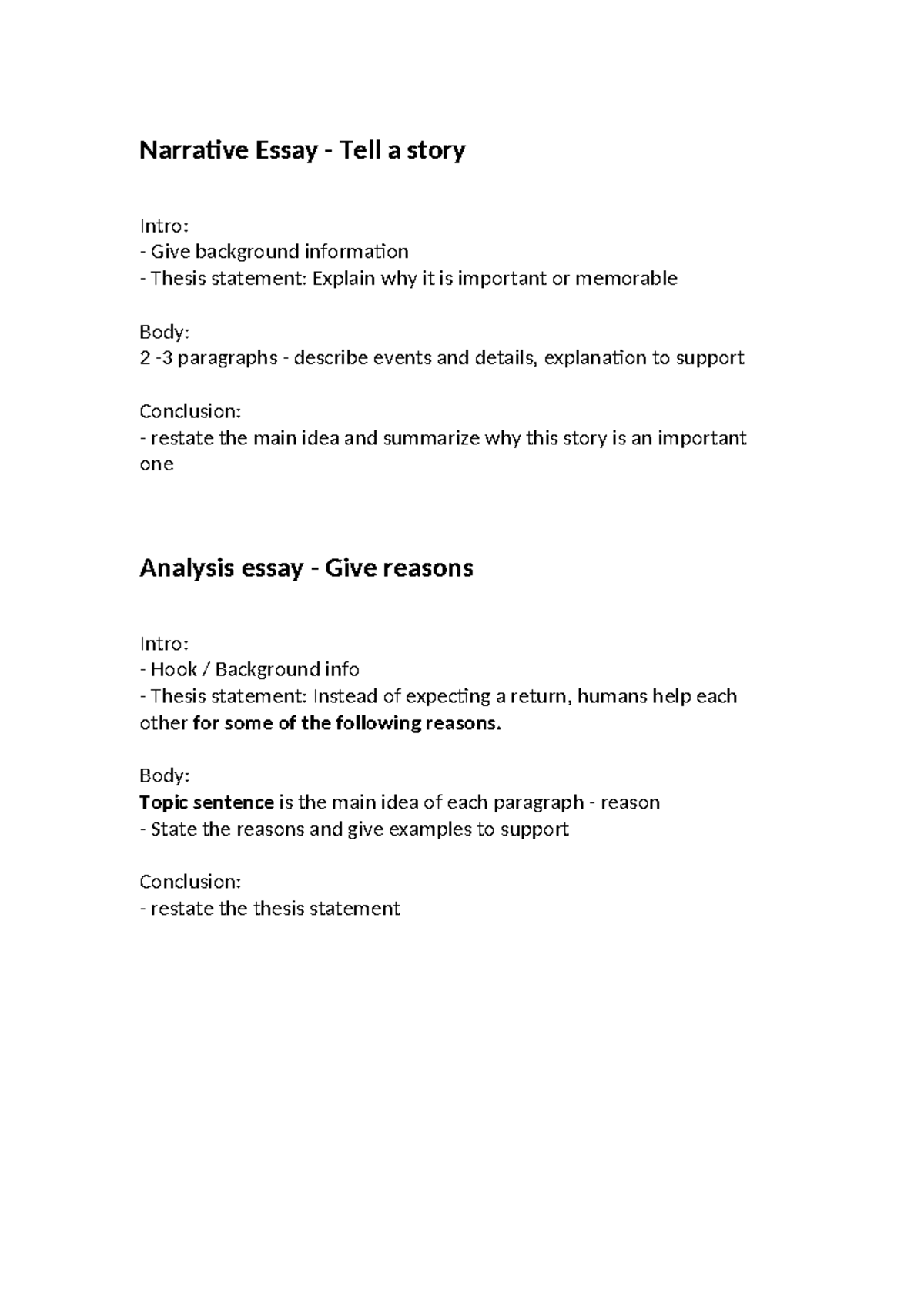 Types of essays - Narrative Essay - Tell a story Intro: - Give ...