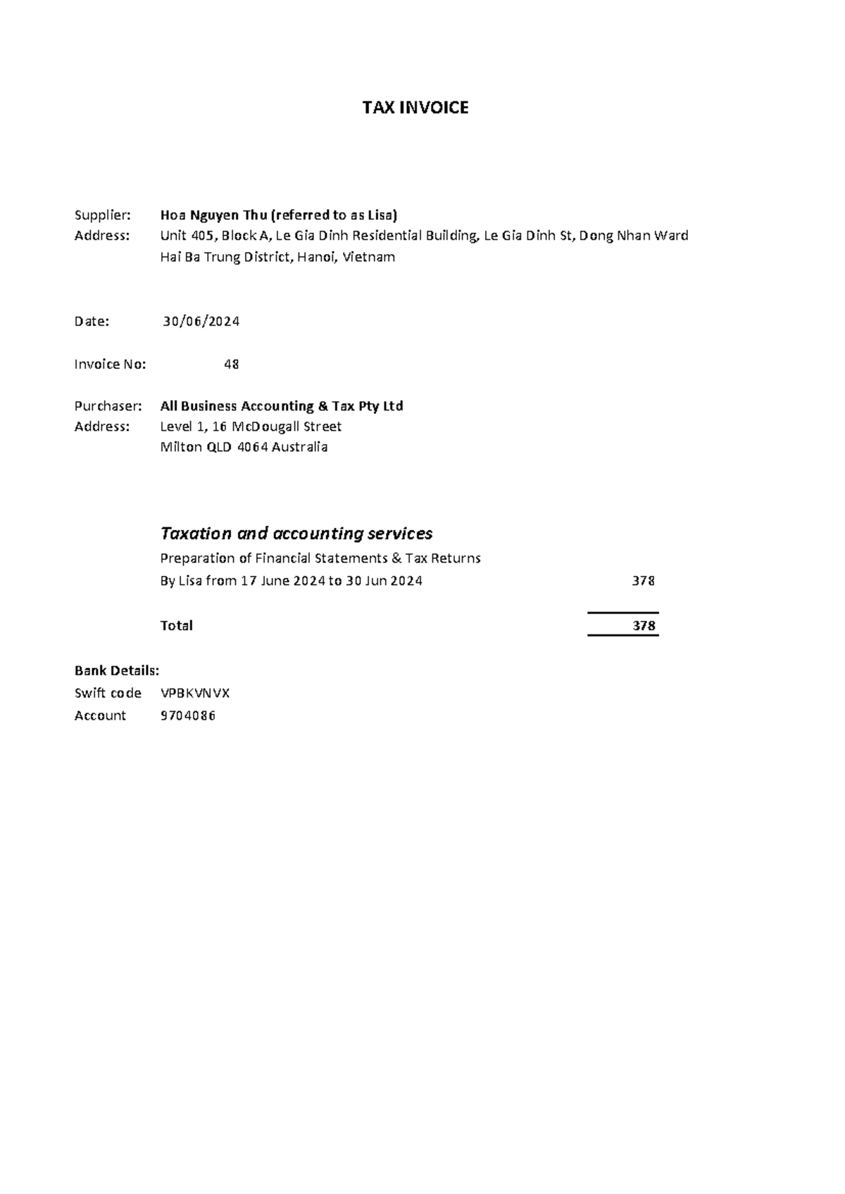 20240630 Tax Invoice No 48 Matthew - Lisa - TAX INVOICE Supplier: Hoa ...