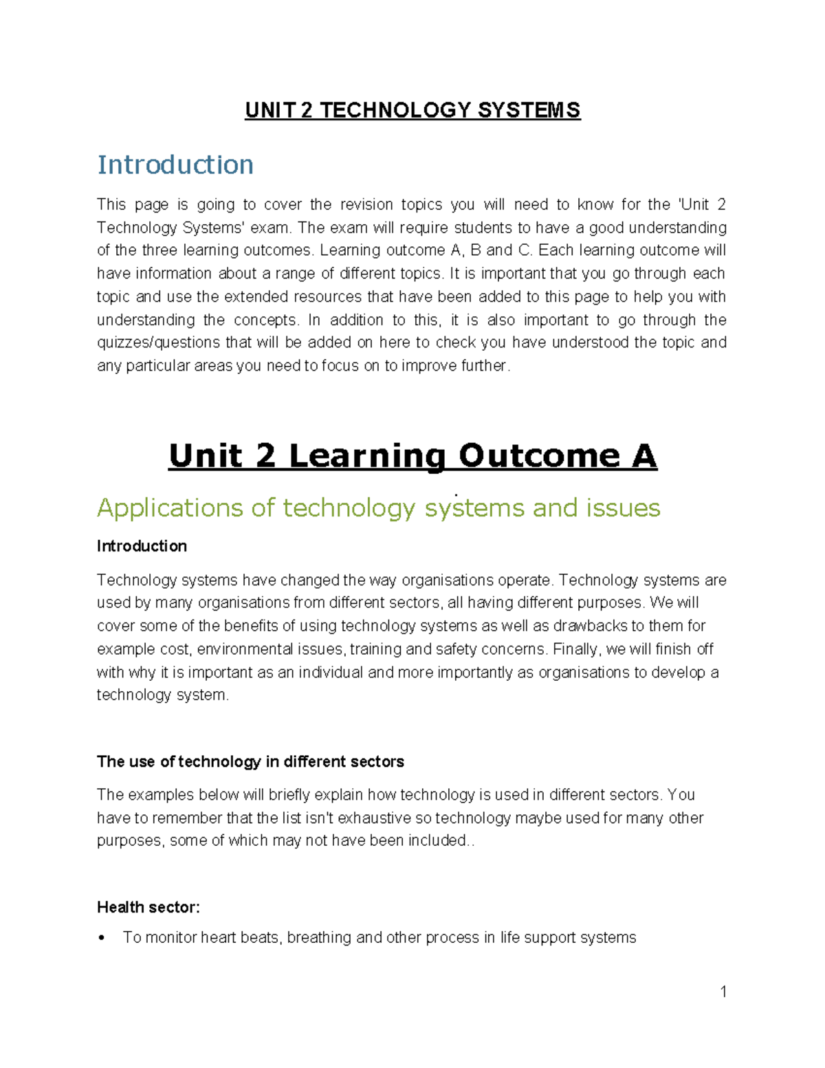 Unit 2 Technology Systems: Learning Aim A Overview and Revision - Studocu