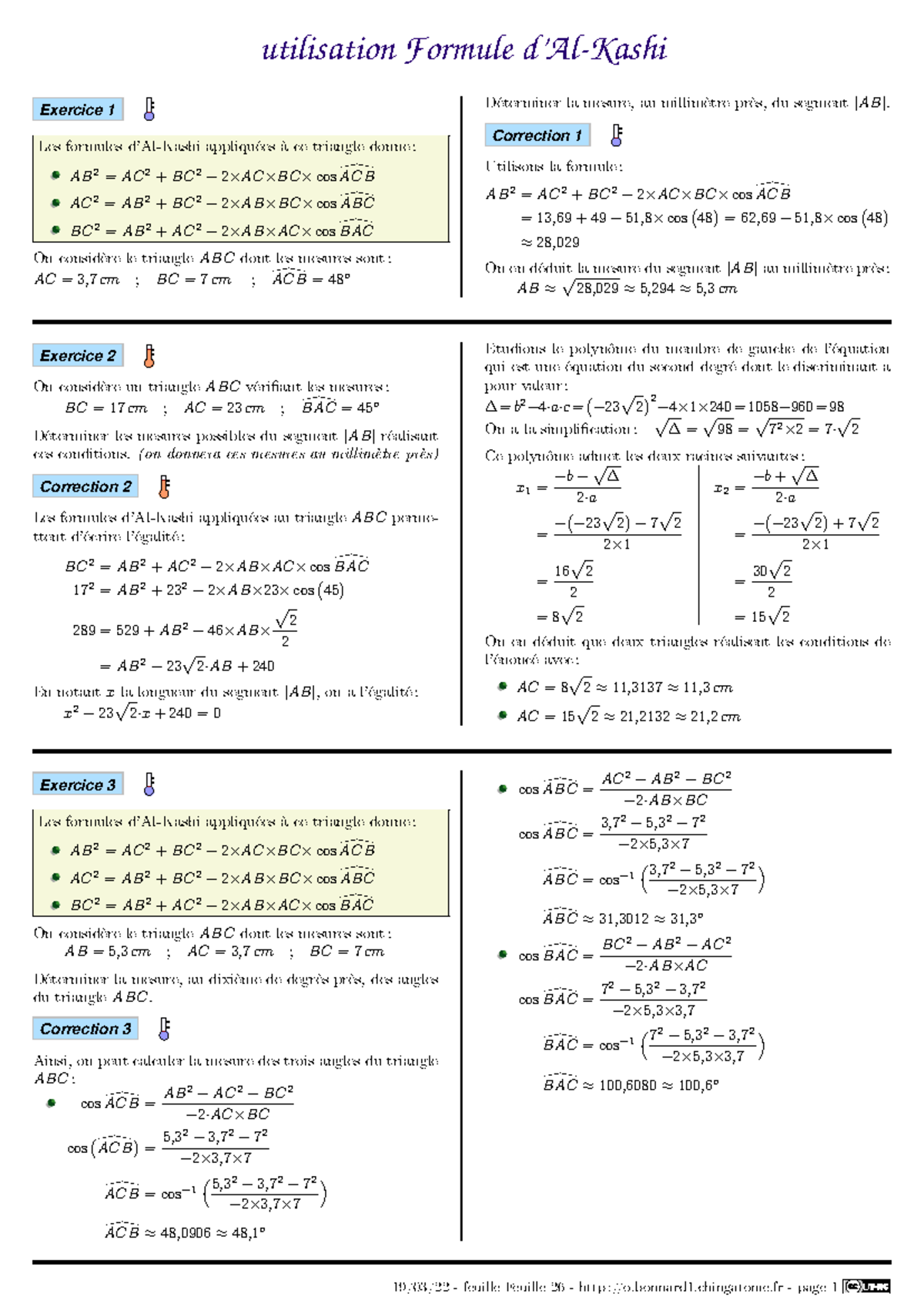 Corrigés d'exercices sur la Formule d'Al-Kashi - Mathématiques 101 ...