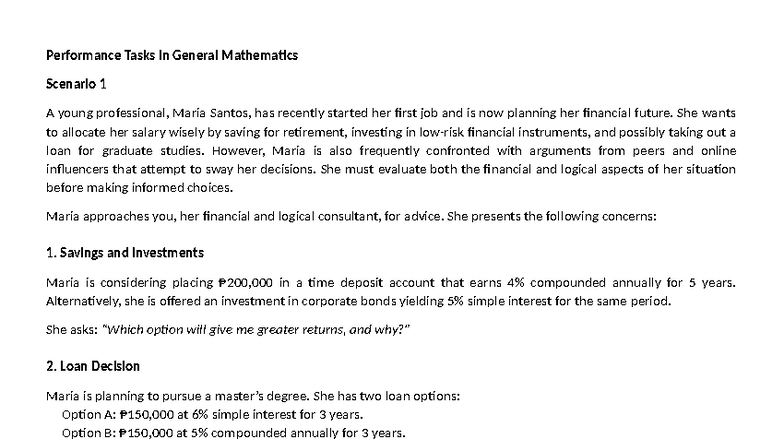 Performance Tasks in General Mathematics: Financial Scenarios Analysis ...