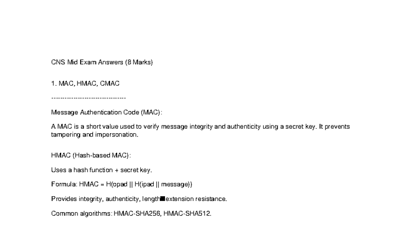 CNS Mid Exam Answers: MAC, HMAC, CMAC & Security Protocols - Studocu