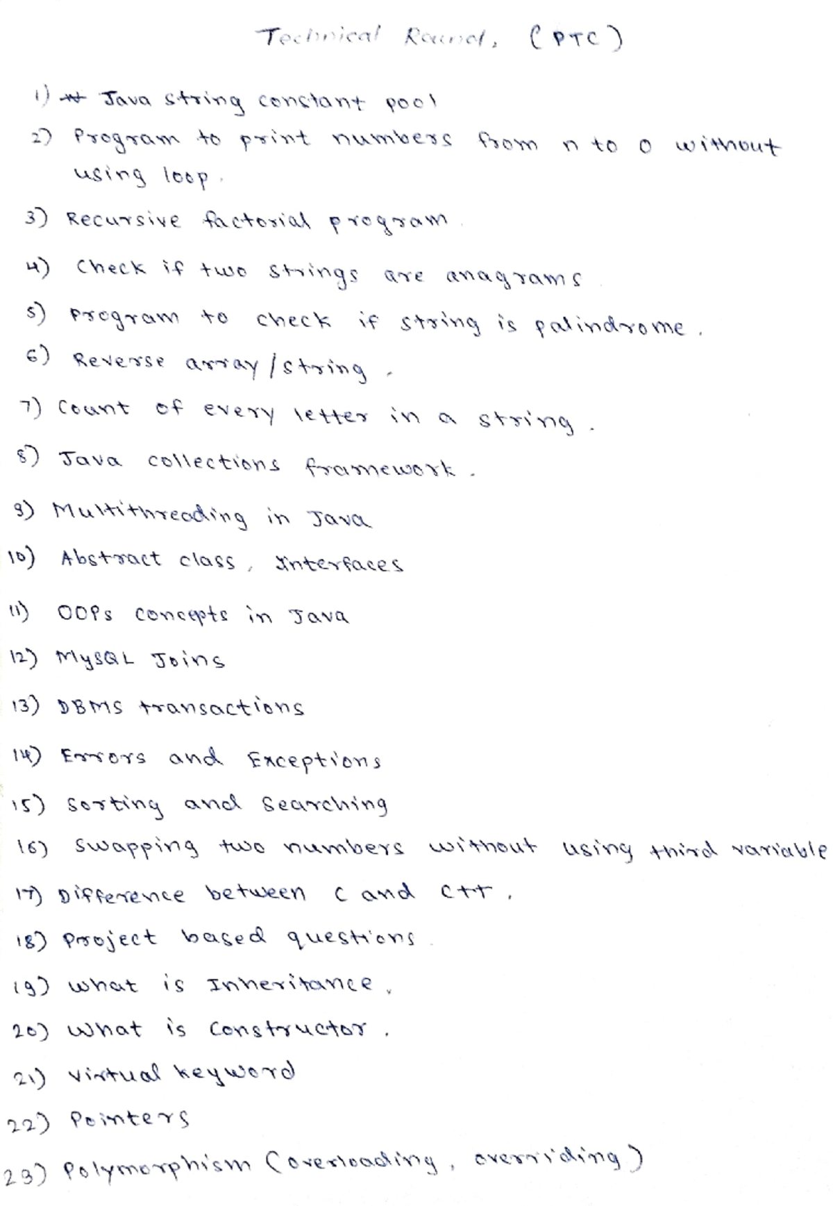 technical round questions - I) Taua sting conclant gool 2) Pogam to ...