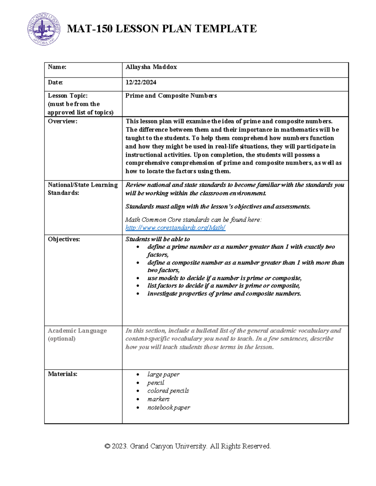 MAT-150 Lesson Plan: Understanding Prime and Composite Numbers - Studocu