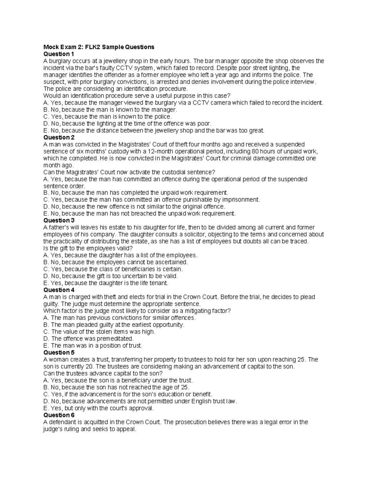 Mock Exam 2: FLK2 Law Questions and Answers - Studocu