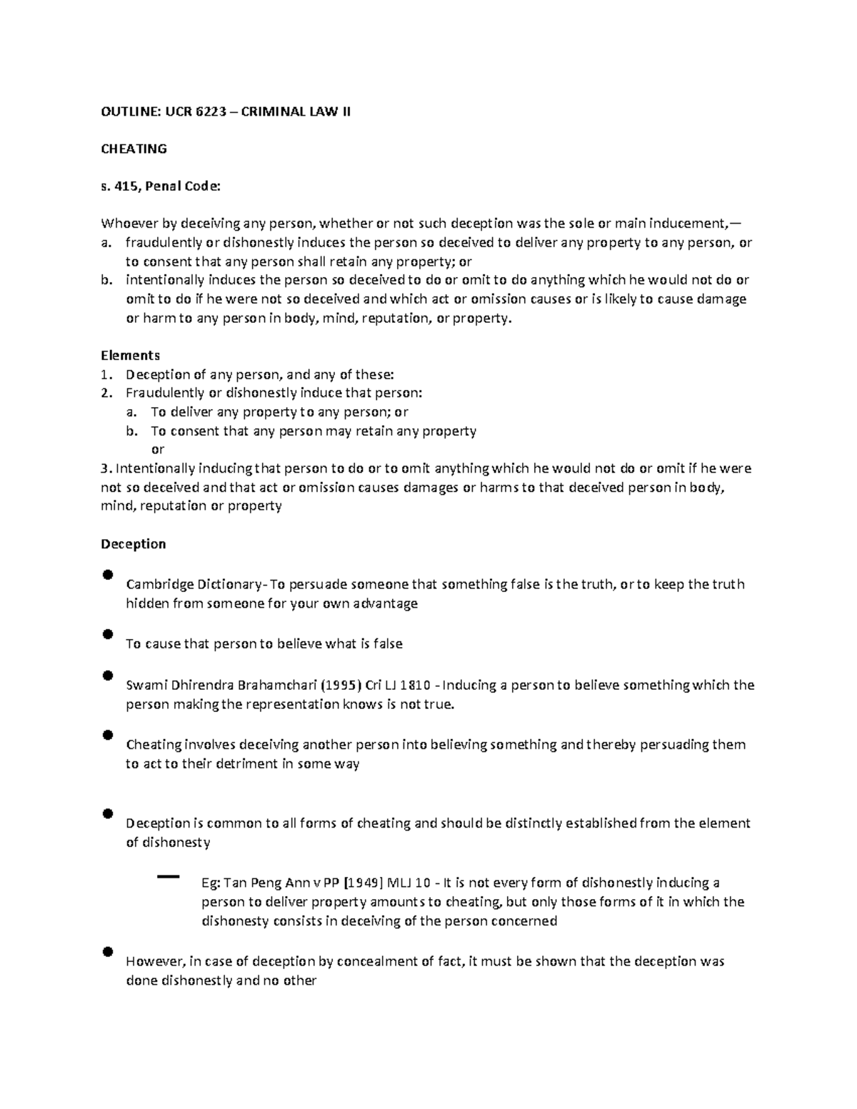 OUTLINE: UCR 6223 CRIMINAL LAW II - Cheating & Deception Elements - Studocu