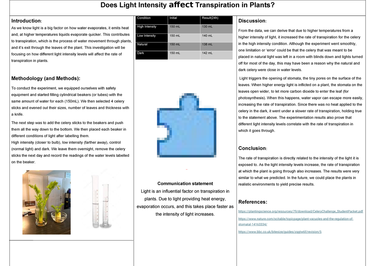 Light Intensity and Its Effect on Plant Transpiration: 11B Study - Studocu