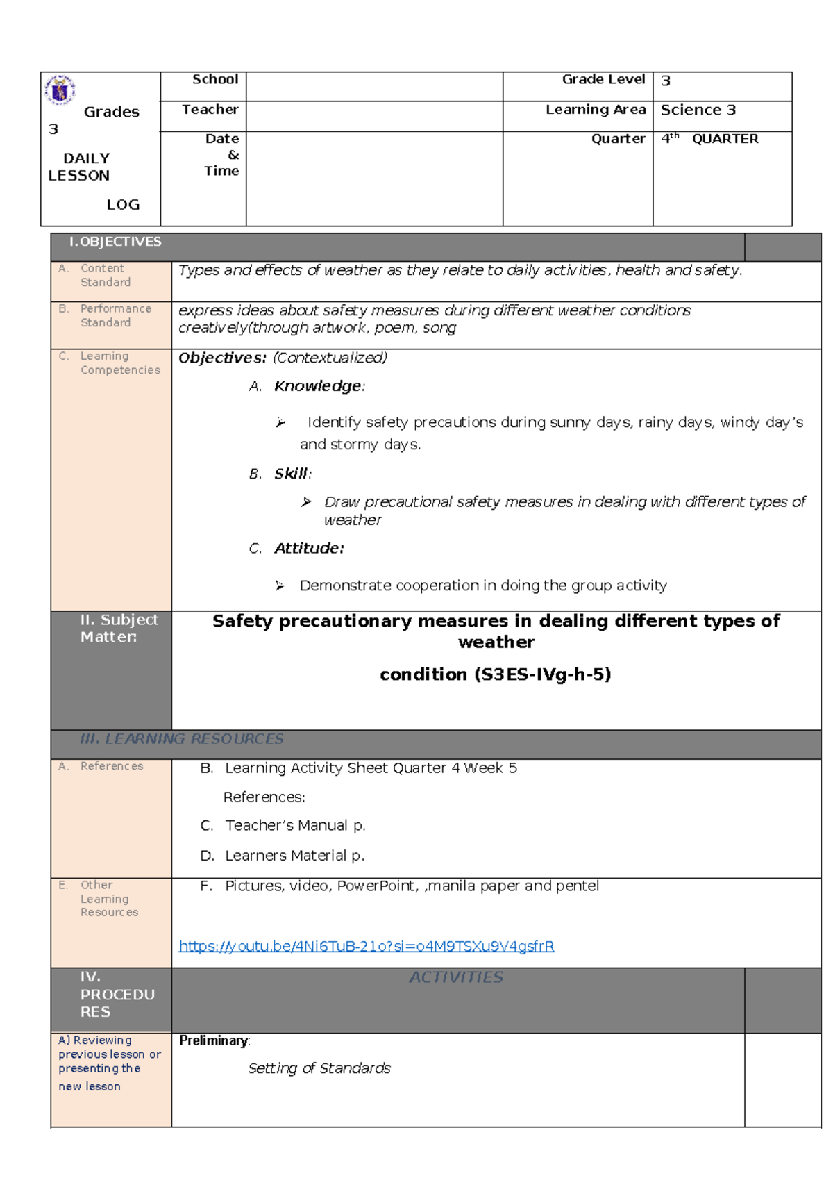 Safety Precautions for Different Weather Conditions (S3ES-IVg-h-5 ...
