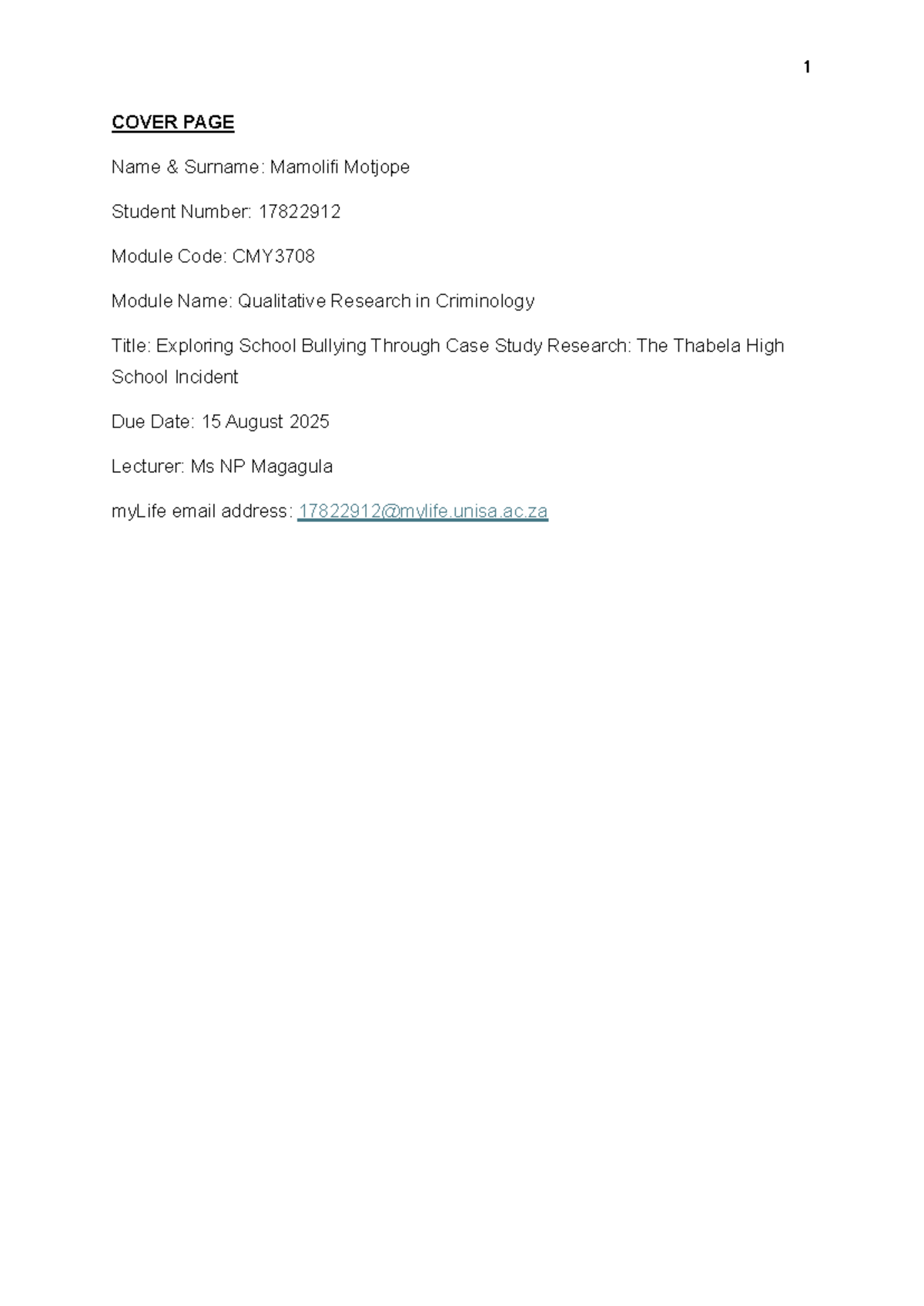 CMY3708 Case Study on School Bullying: The Thabela High Incident - Studocu