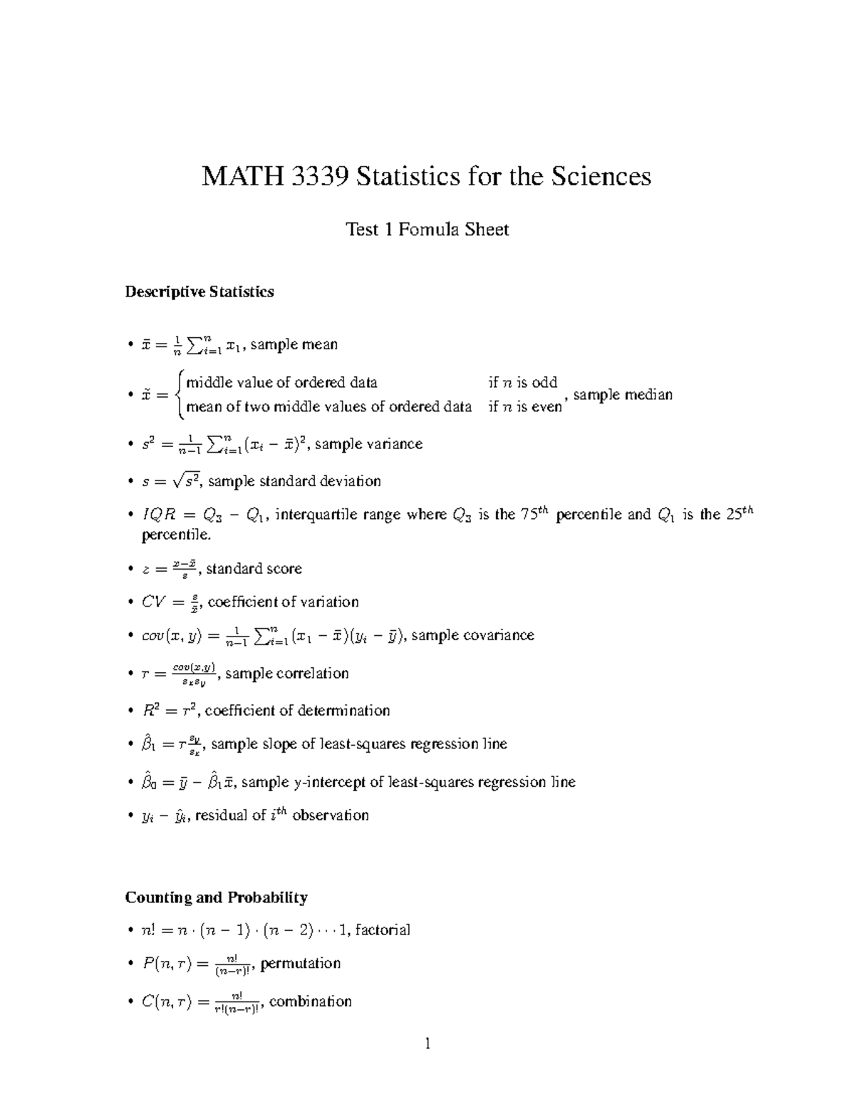Math3339 T1 Formulas Formula Sheet Math 3339 Statistics For The 6704