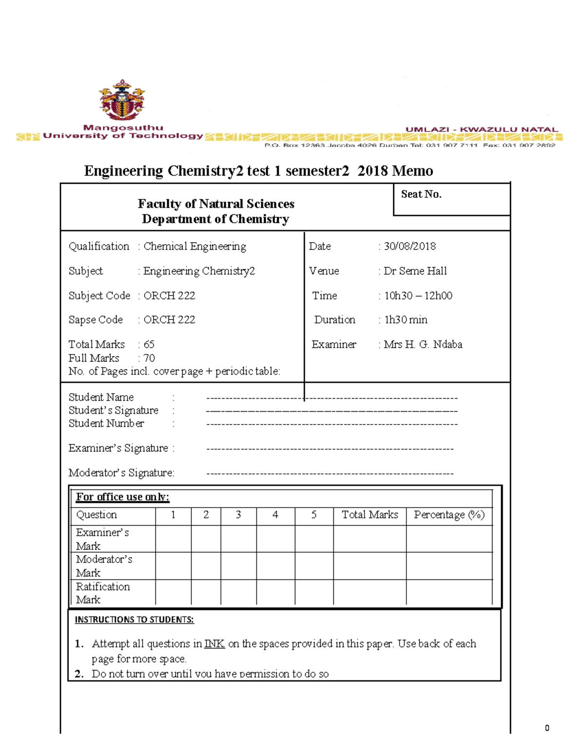 Engineering Chemistry 2 test 1 and memo - Engineering Chemistry2 test 1 ...