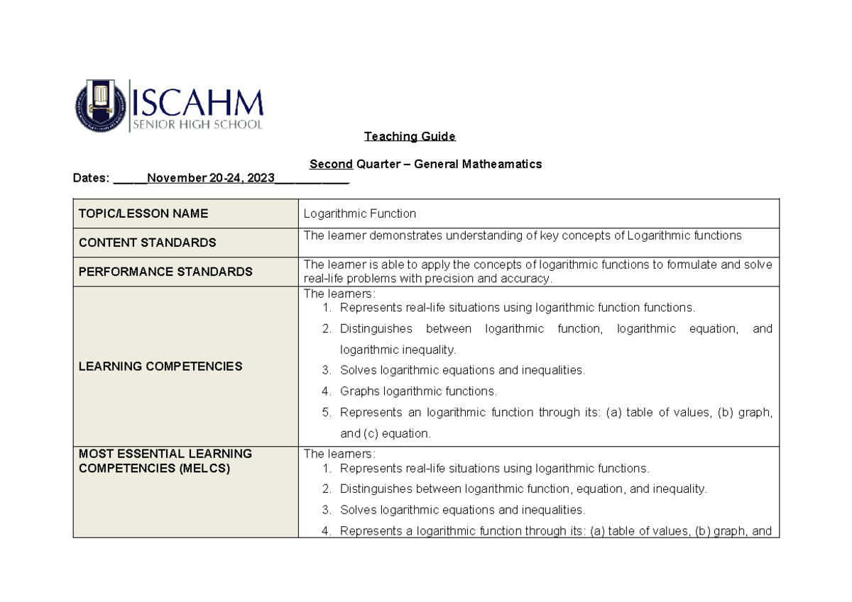 Teaching Guide: GENMATH Logarithmic Functions Lesson Plan - Studocu