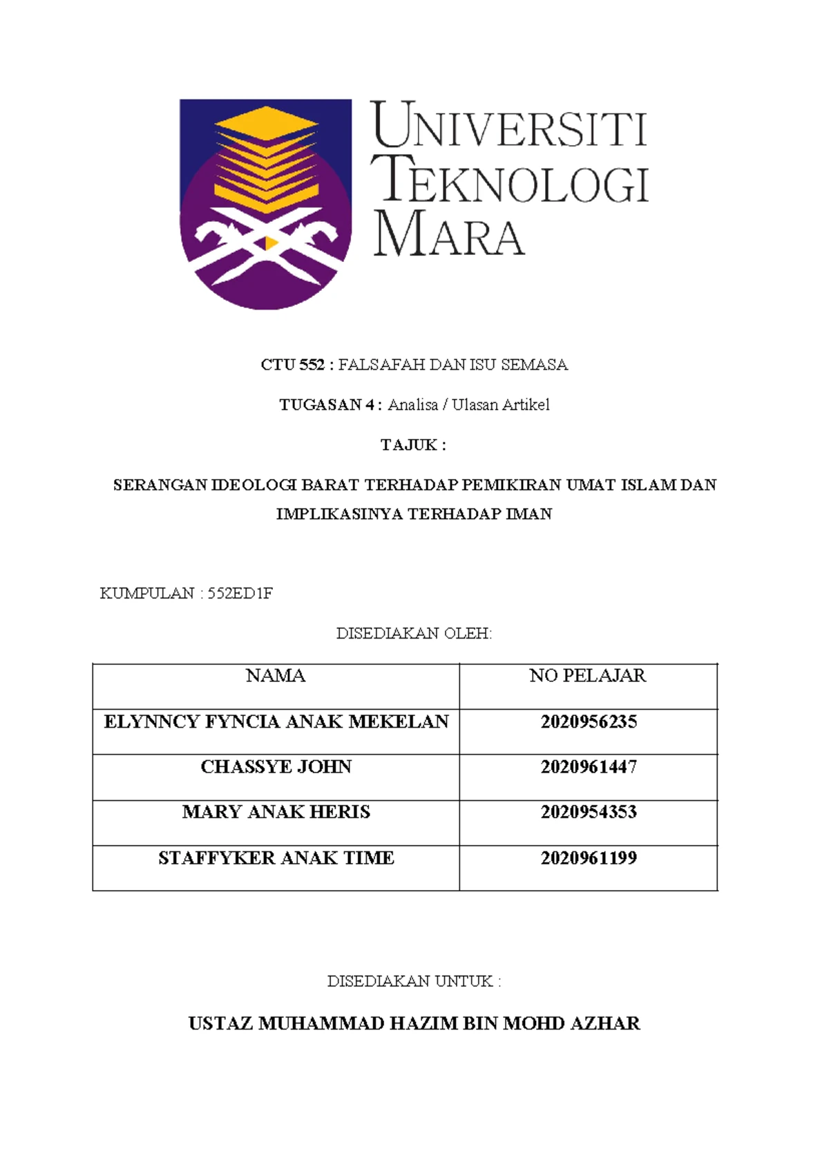 Contoh Template Muka Depan Tugasan Pelajar CTU554 - UNIVERSITI ...