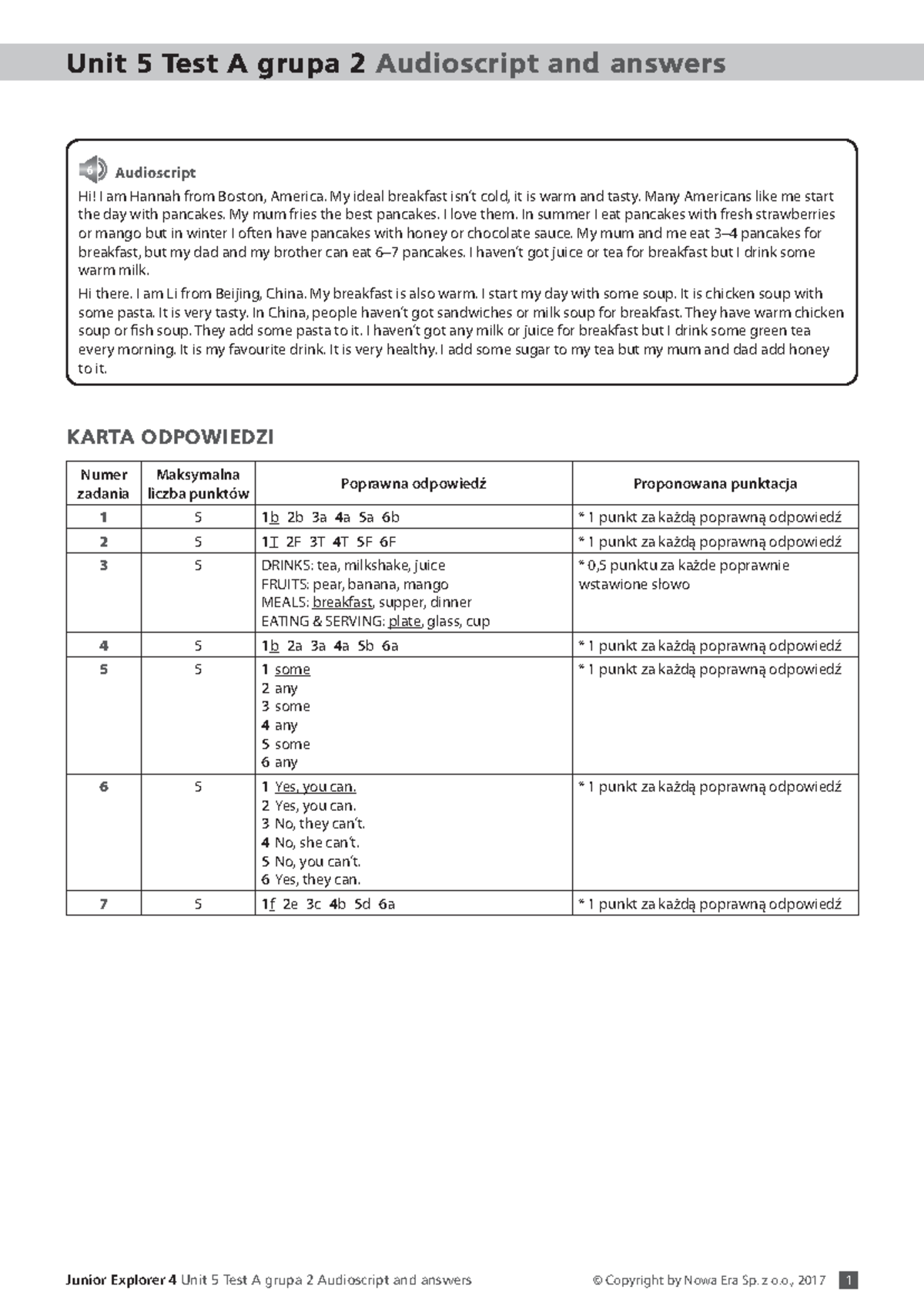 Unit 5 test A grupa 2 odpowiedzi - Junior Explorer 4 Unit 5 Test A ...