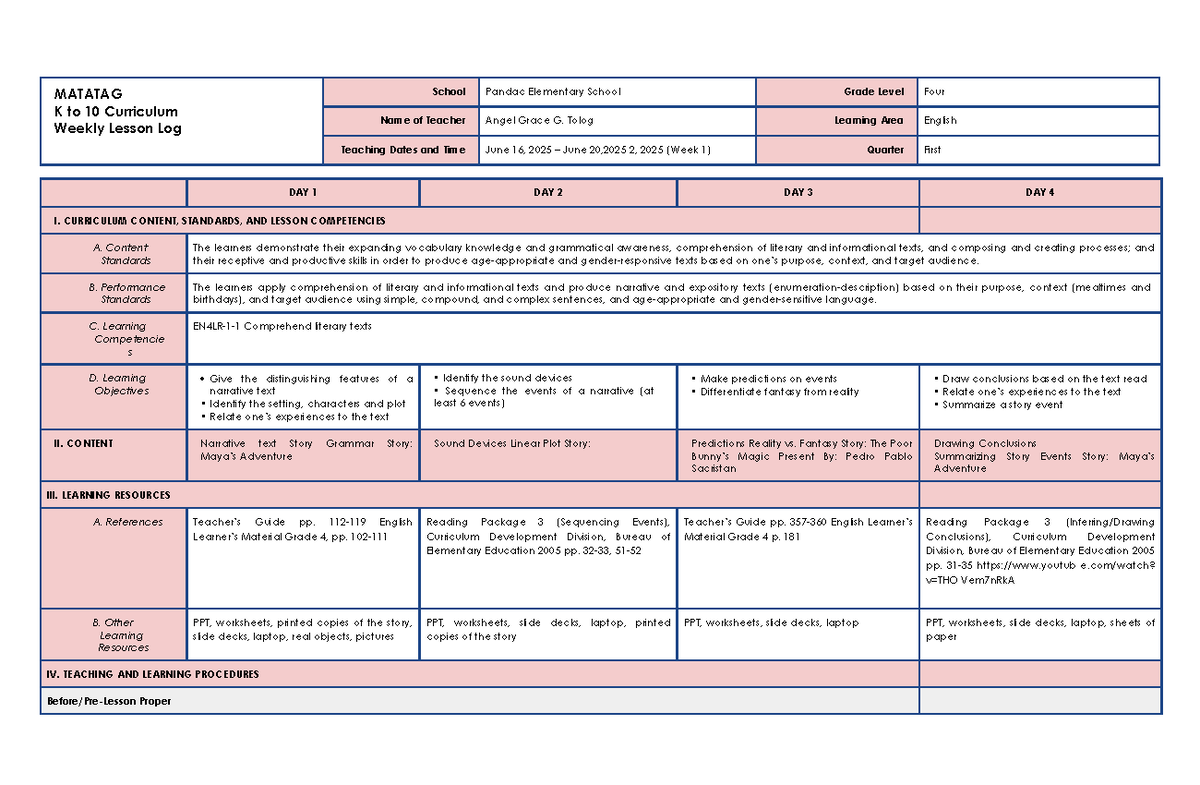 DLL ENG4-Q1-W1-LE: Weekly Lesson Log for English Grade 4 - Week 1 - Studocu