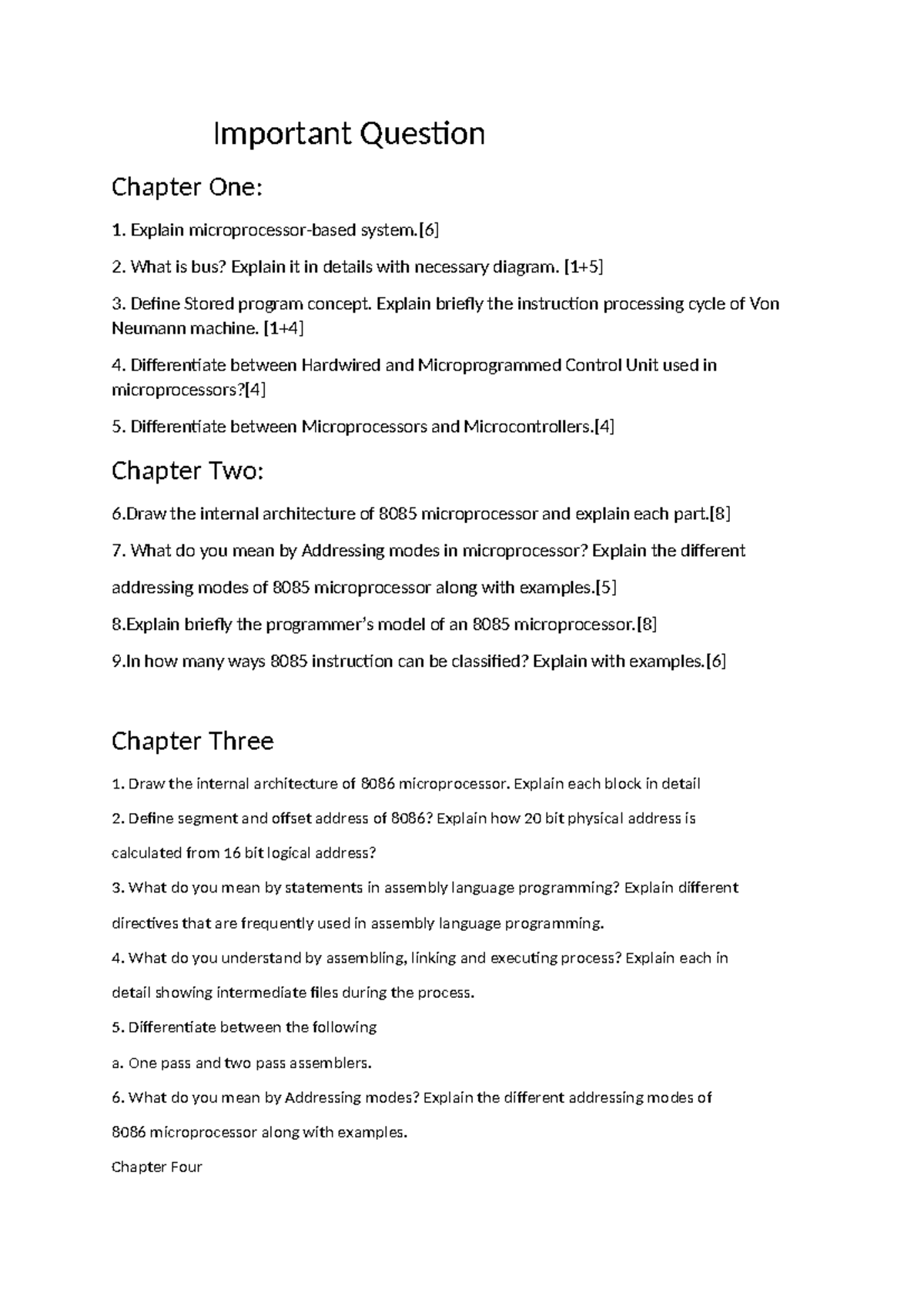 Microprocessor Important Questions: Chapters 1-4 Overview - Studocu