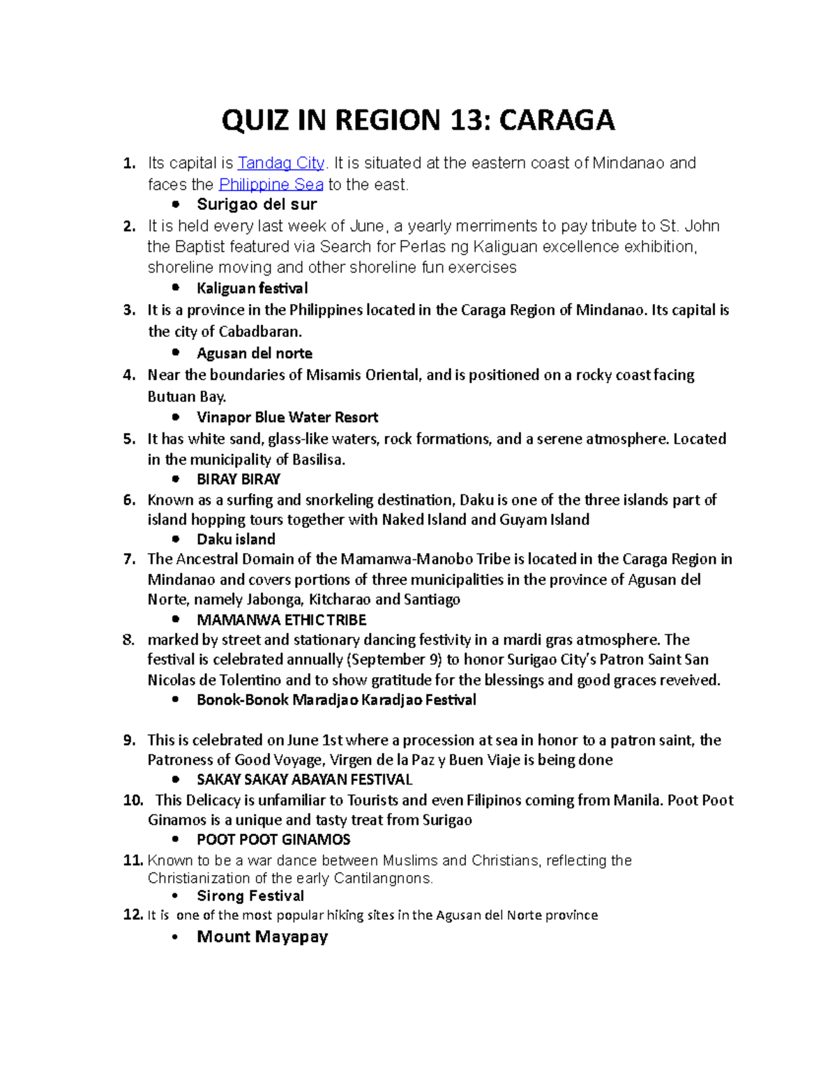 QUIZ ON REGION 13: CARAGA - Key Facts and Festivals - Studocu