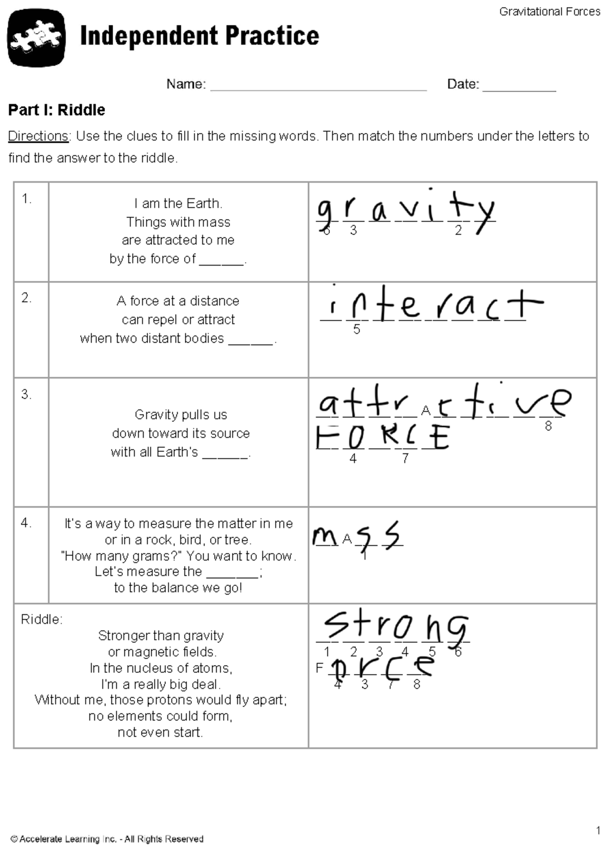 Vocab sheet 2 - Answer key - 1 Gravitational Forces Part I: Riddle ...