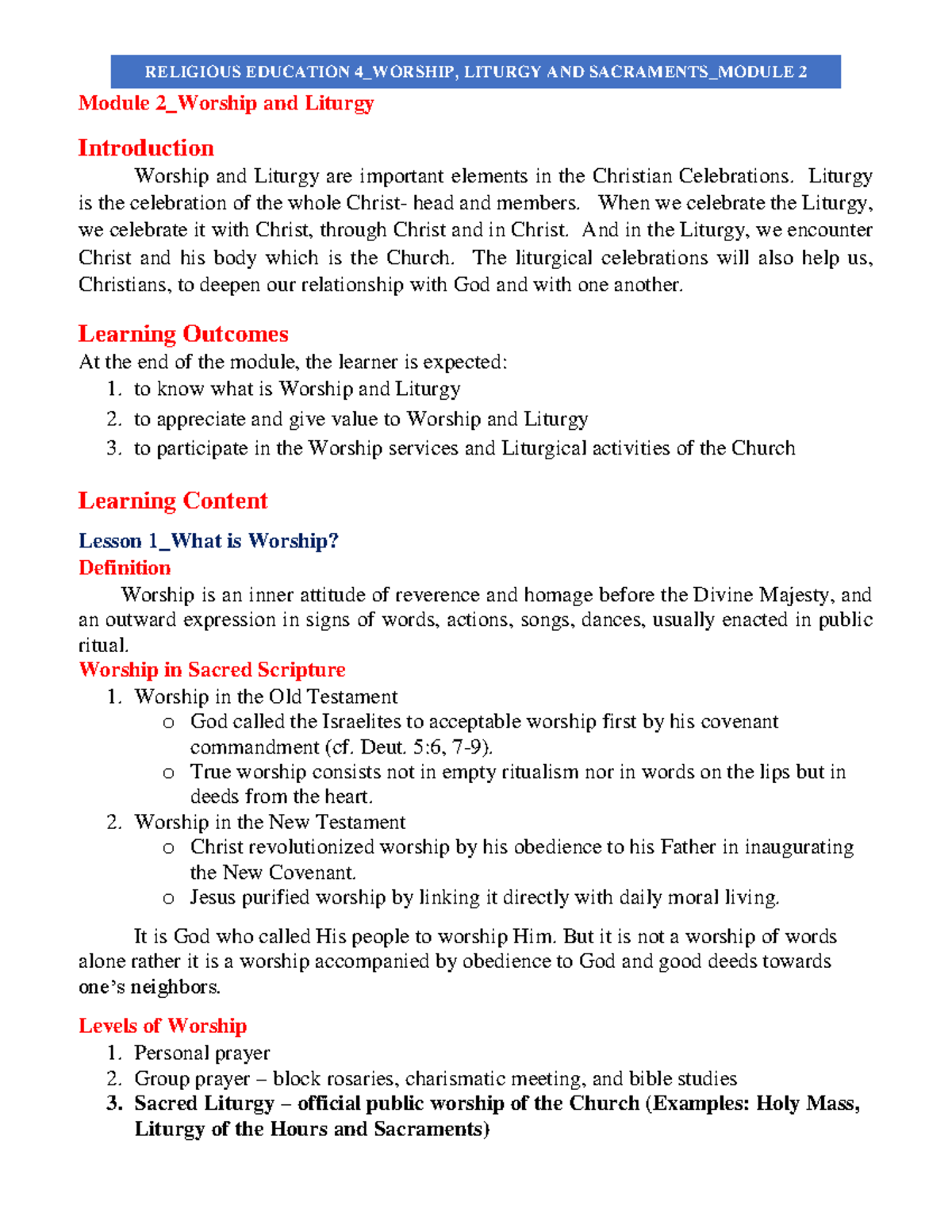 RELIGIOUS EDUCATION 4: MODULE 2 - Worship and Liturgy Overview - Studocu