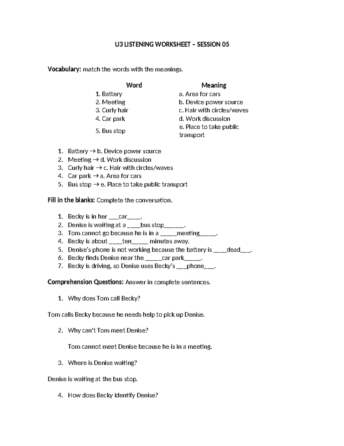 U3 Listening Worksheet Session 05: Vocabulary & Comprehension ...