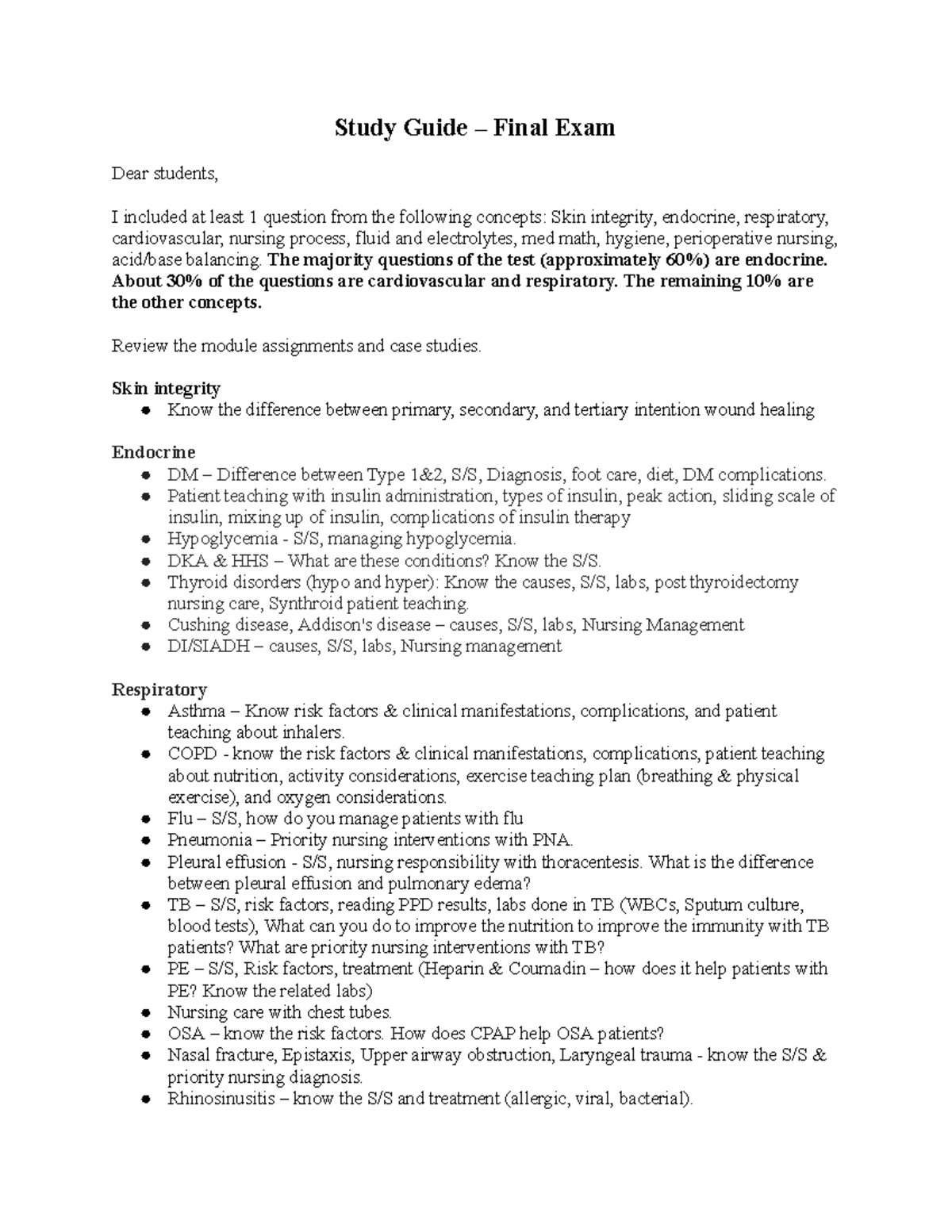 554 - Study Guide for Final Exam: Key Concepts & Nursing Care - Studocu