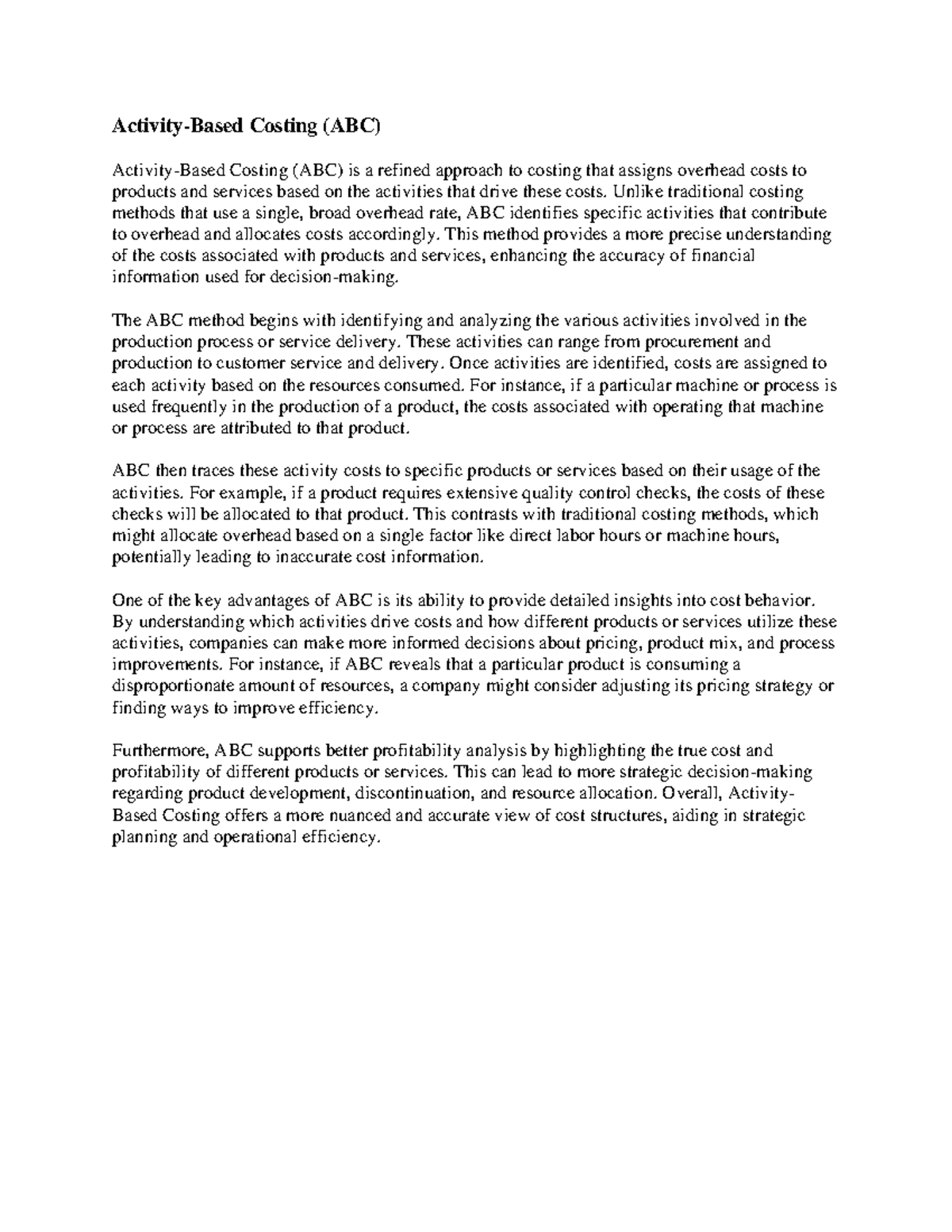 Key Advantages of Activity-Based Costing (ABC) Method in Business - Studocu