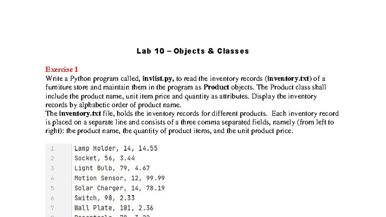 Lab 10 - Objects & Classes Exercises: Python Inventory Management - Studocu