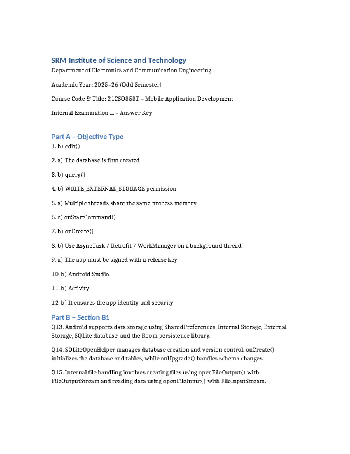 21CSO353T Mobile App Dev Internal Exam II Answer Key - Studocu