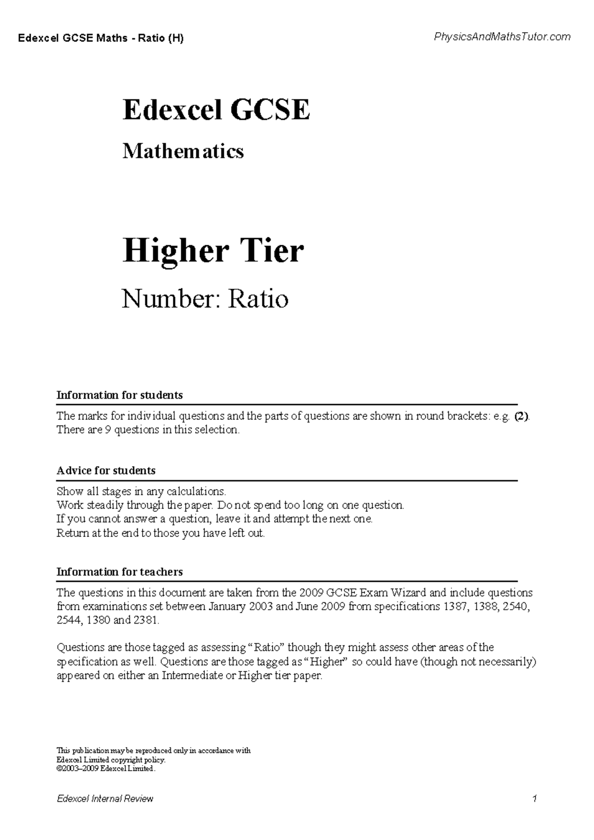 Edexcel GCSE Maths Higher Tier: Ratio Practice Questions - Studocu