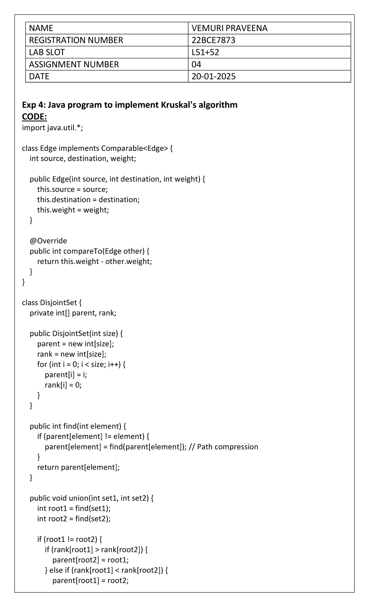 Java Program Implementation of Kruskal's Algorithm - 22BCE7873 Lab 4 - Studocu