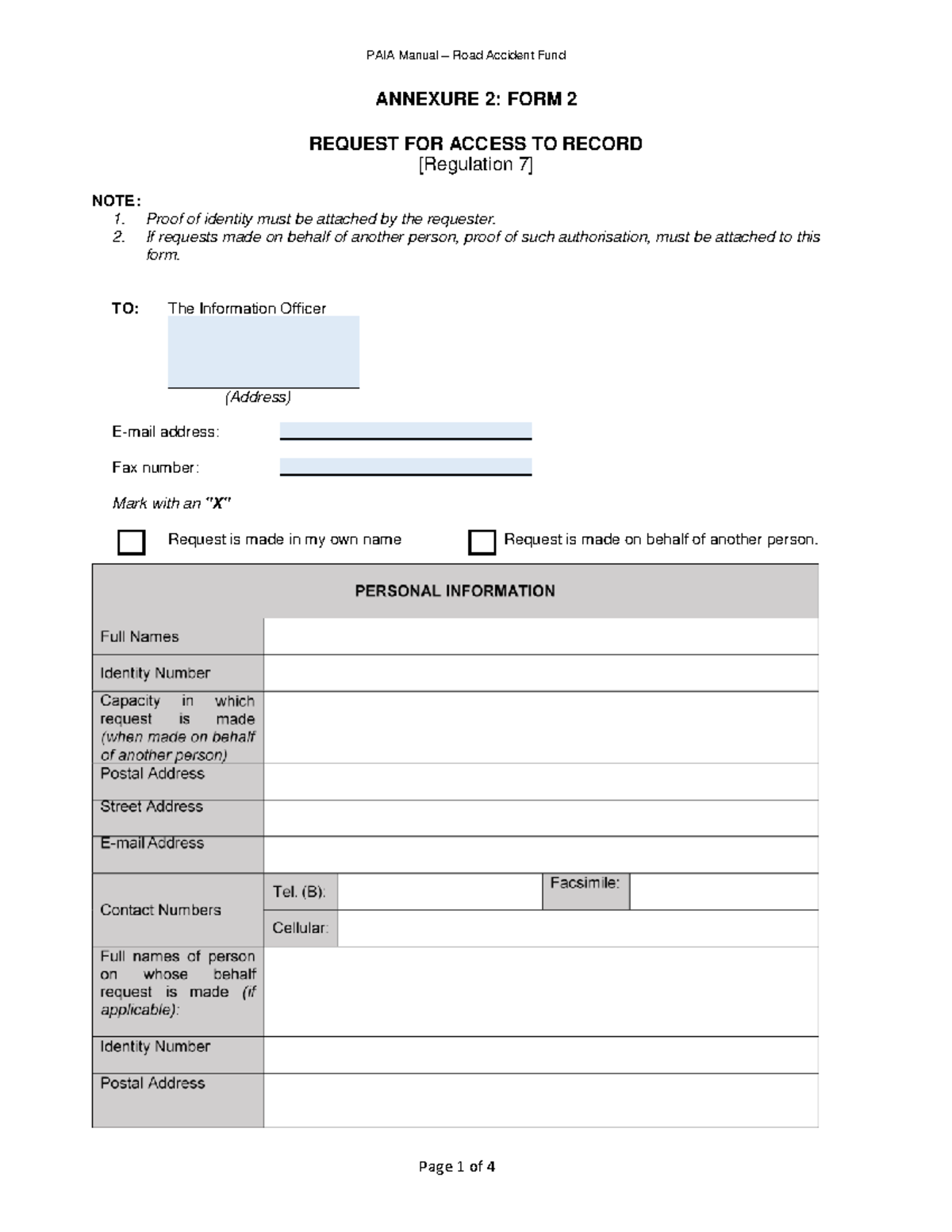FORM 2 - PAIA Request for Access to Records (Road Accident Fund) - Studocu