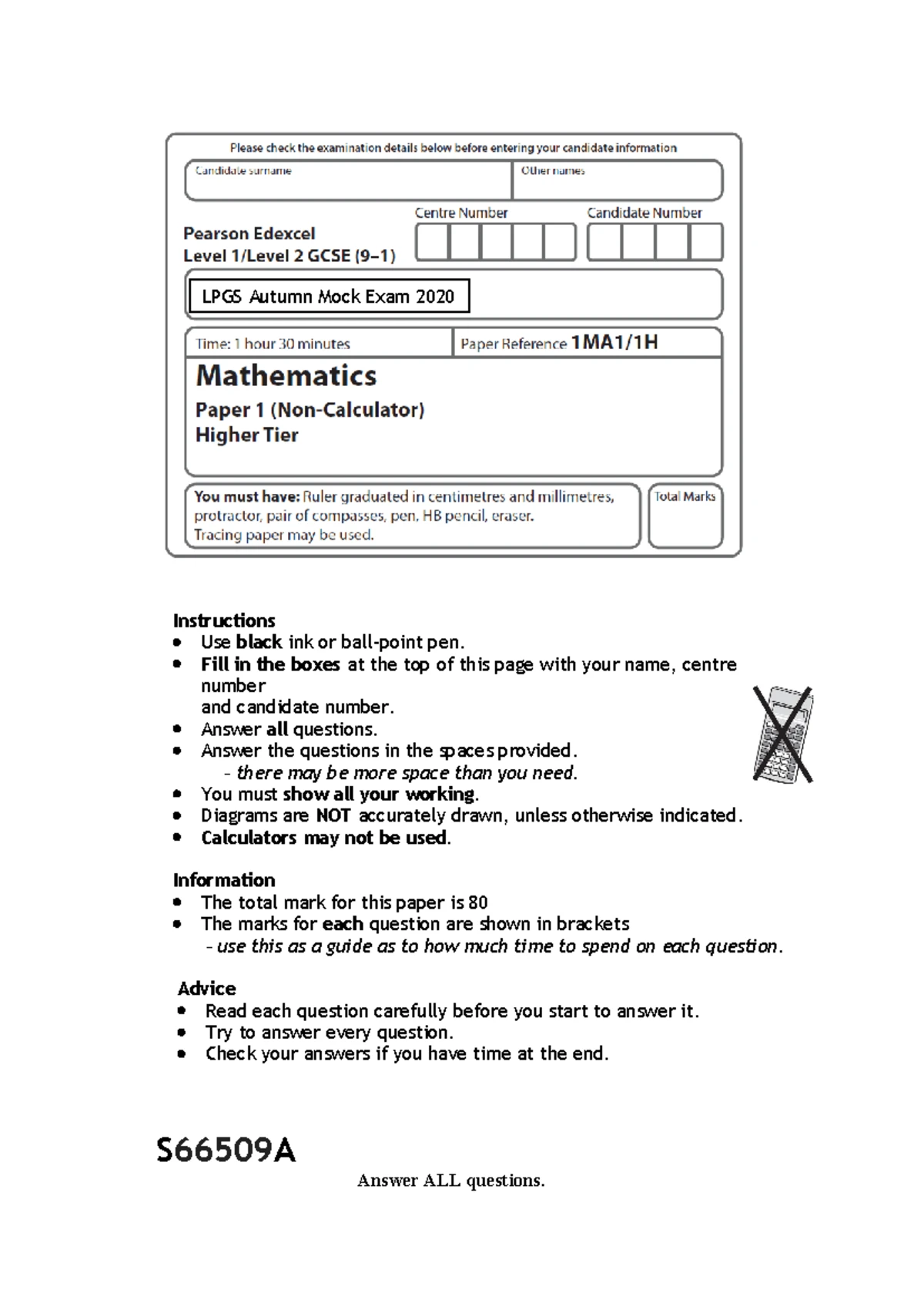 5a 1MA1 2H Mock Exam Set 5 - Maths Practice Questions - Studocu