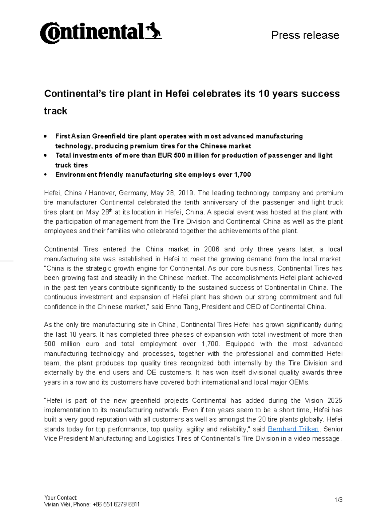 190528 Final Press Release on Continental Hefei Plant's 10-Year Success ...