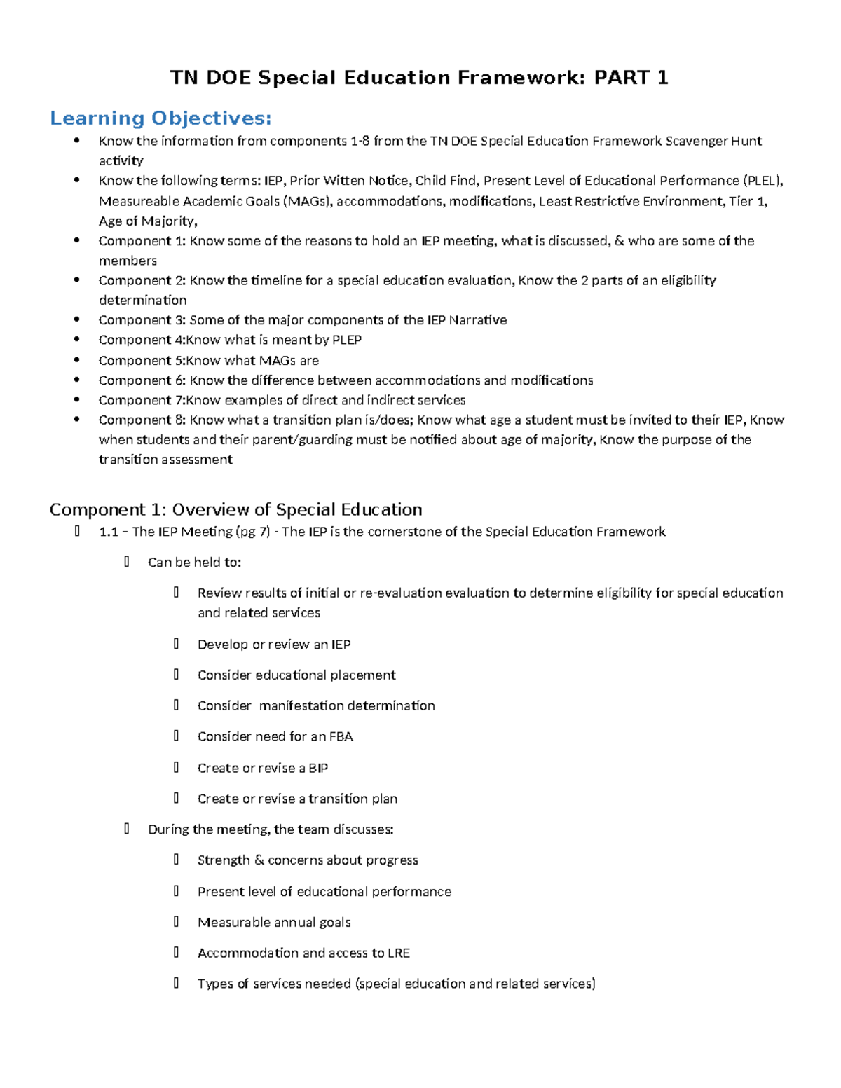 TN DOE Special Education Framework: IEP Components & Writing Process ...