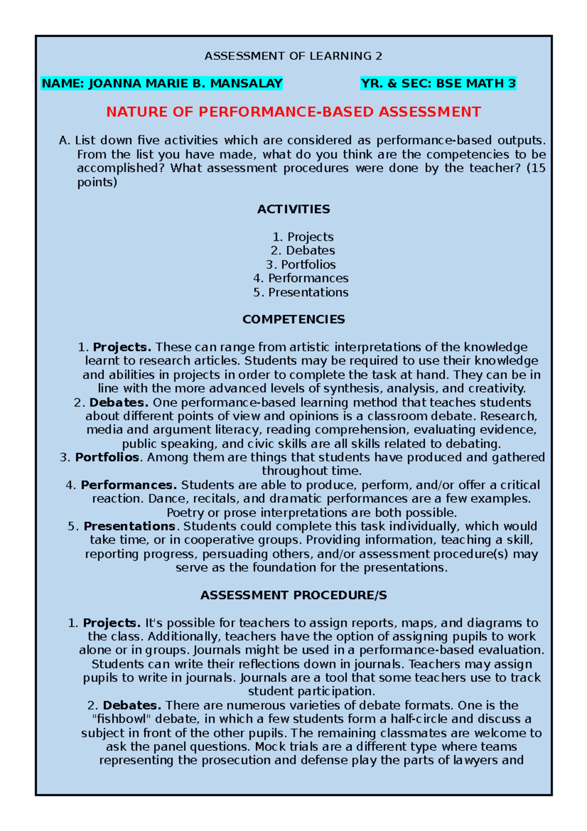 Assessment OF Learning 2 - ASSESSMENT OF LEARNING 2 NAME: JOANNA MARIE ...