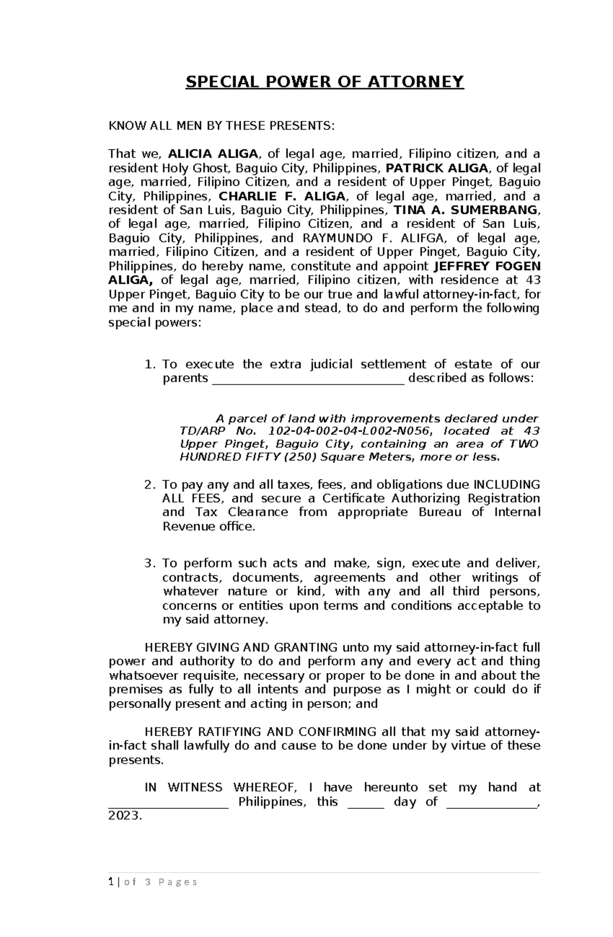 SPA EJS Sample - Special Power of Attorney for Co-Heir Representation ...