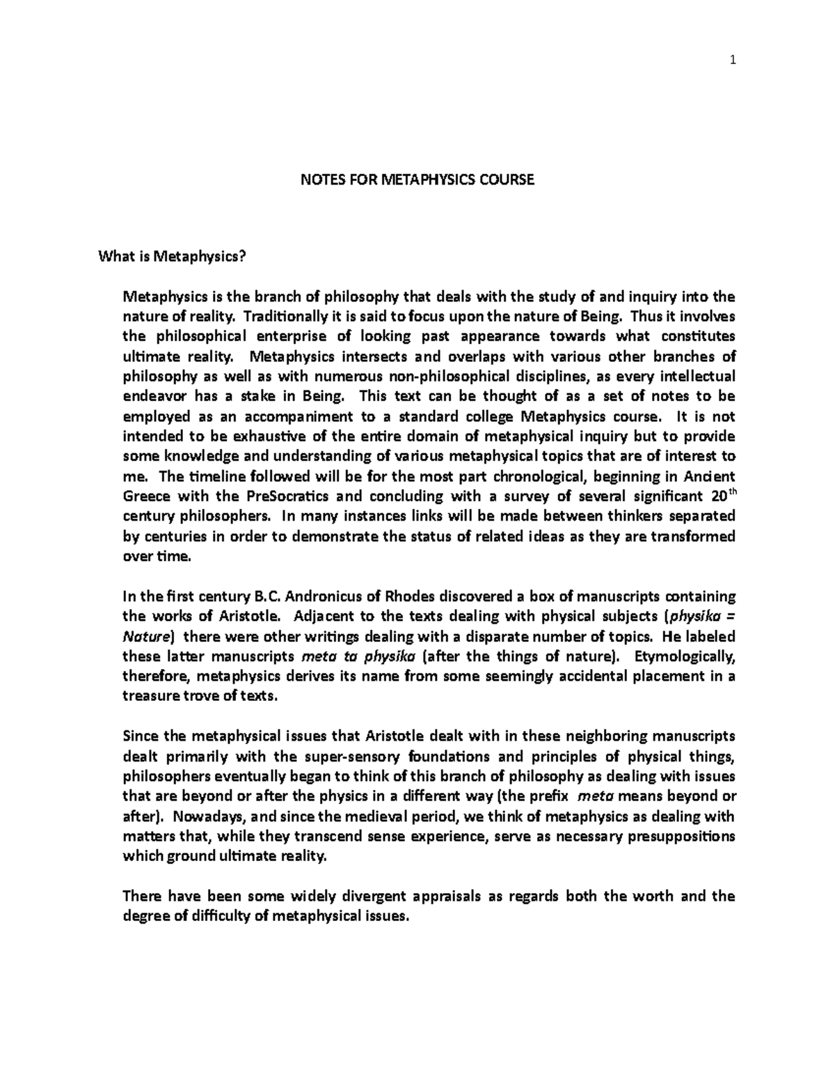 Metaphysics Course Notes: Comprehensive Overview for Final Exam - Studocu