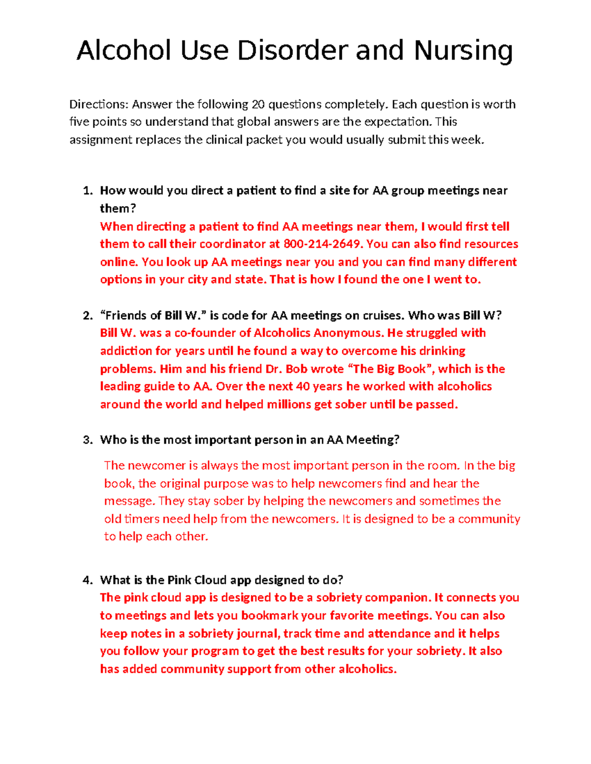 Alcohol use disorder wrksheet - Directions: Answer the following 20 ...